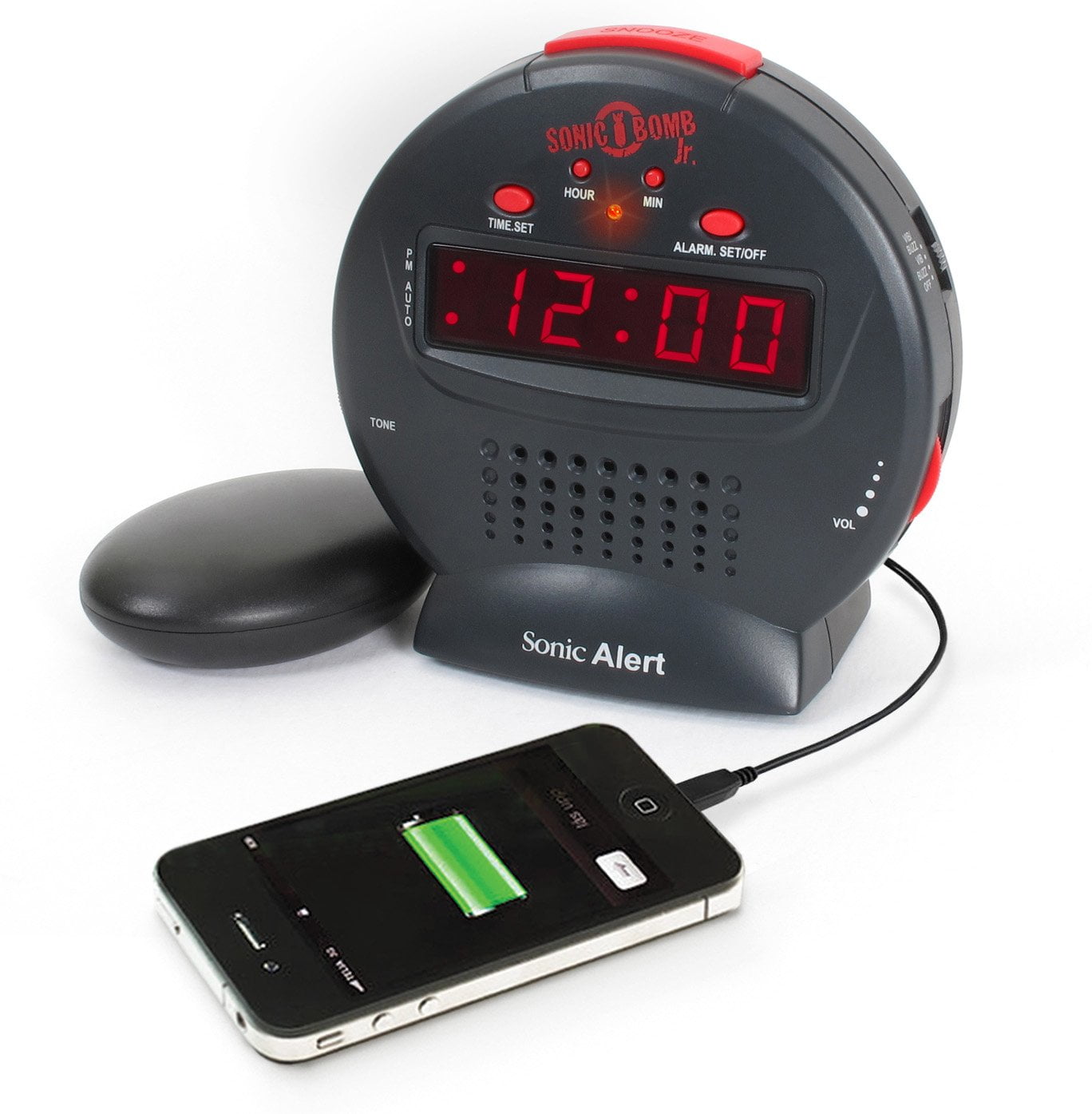 Sonic Alert Grey/Red Sonic Bomb Junior Alarm Clock with Bed Shaker ...
