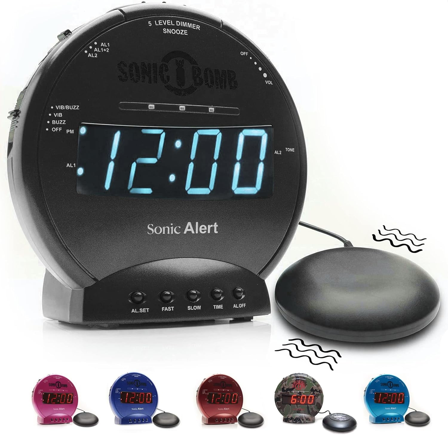 Sonic Bomb Dual Alarm Clock with Bed Shaker, Black Vibrating Alarm ...