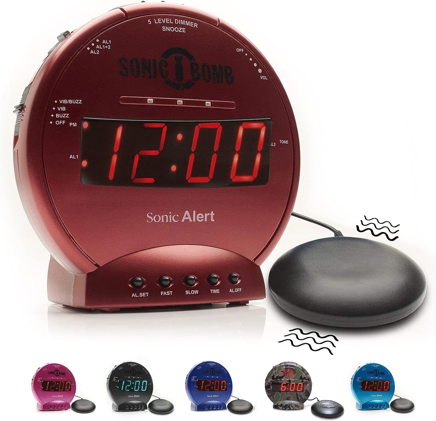 Sonic Bomb Dual Alarm Clock with Bed Shaker, Red Vibrating Alarm Clock ...