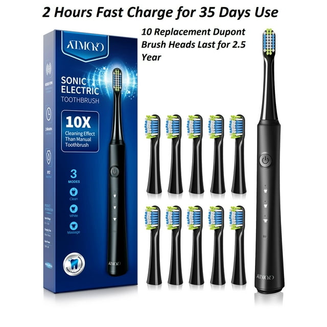 Sonic Electric Toothbrush, 10 Heads, 3 Modes, 2H Charge for 35 Days, Black - Walmart.com