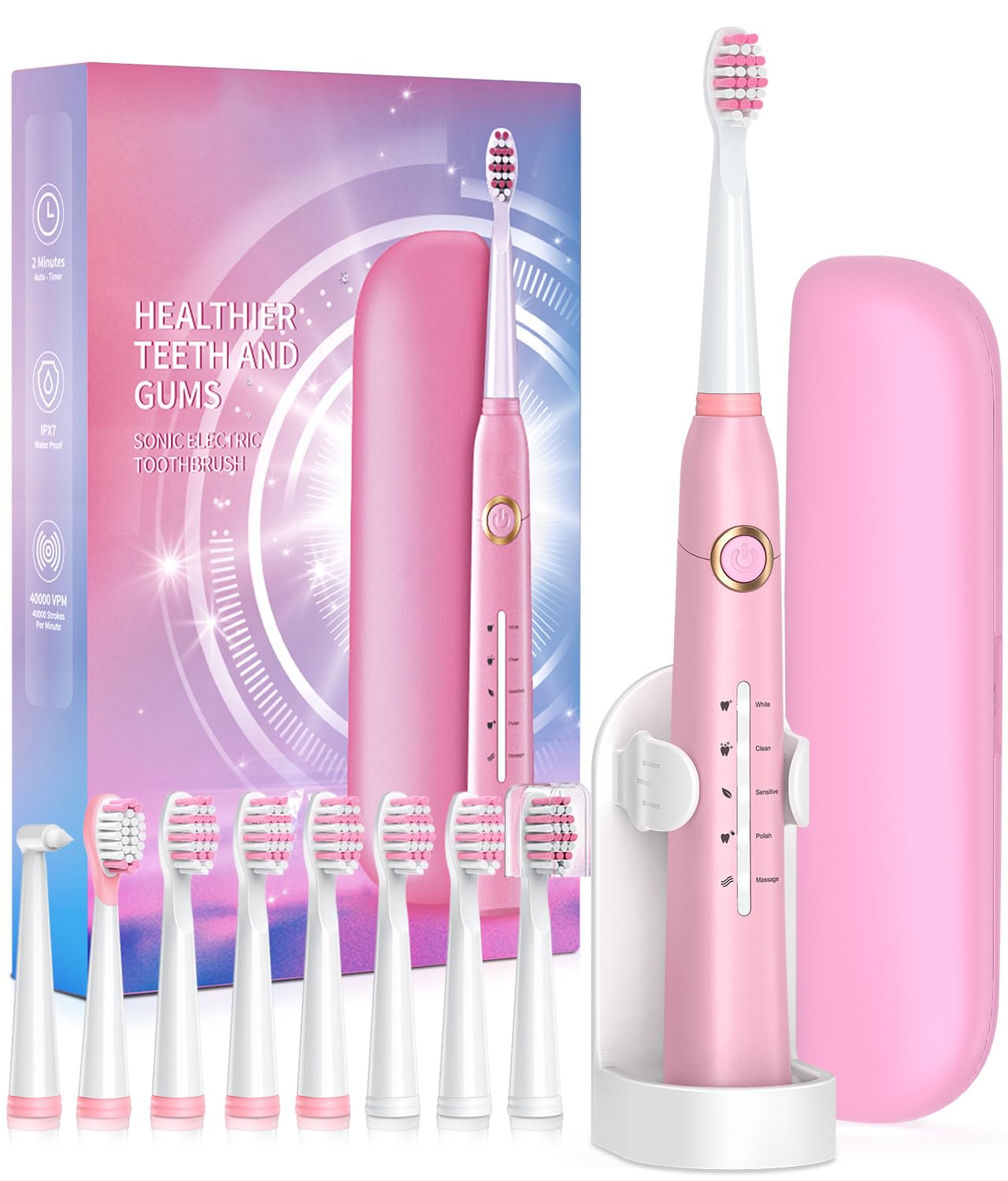 Sonic Electric Toothbrush for Adults, Power Electric Toothbrush with 8 Brush Heads, Travel Case ...