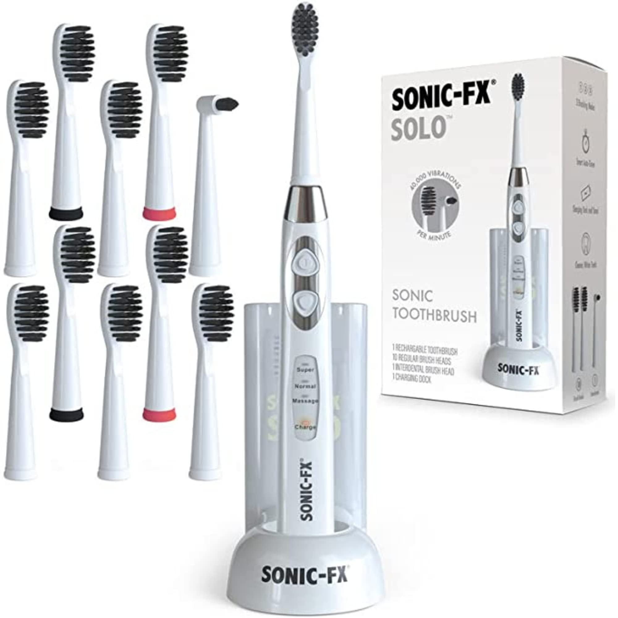 Sonic-FX Solo Electric Toothbrush DHF10 w/ 10 Brush Heads + Charcoal Bristles, Rechargeable ...