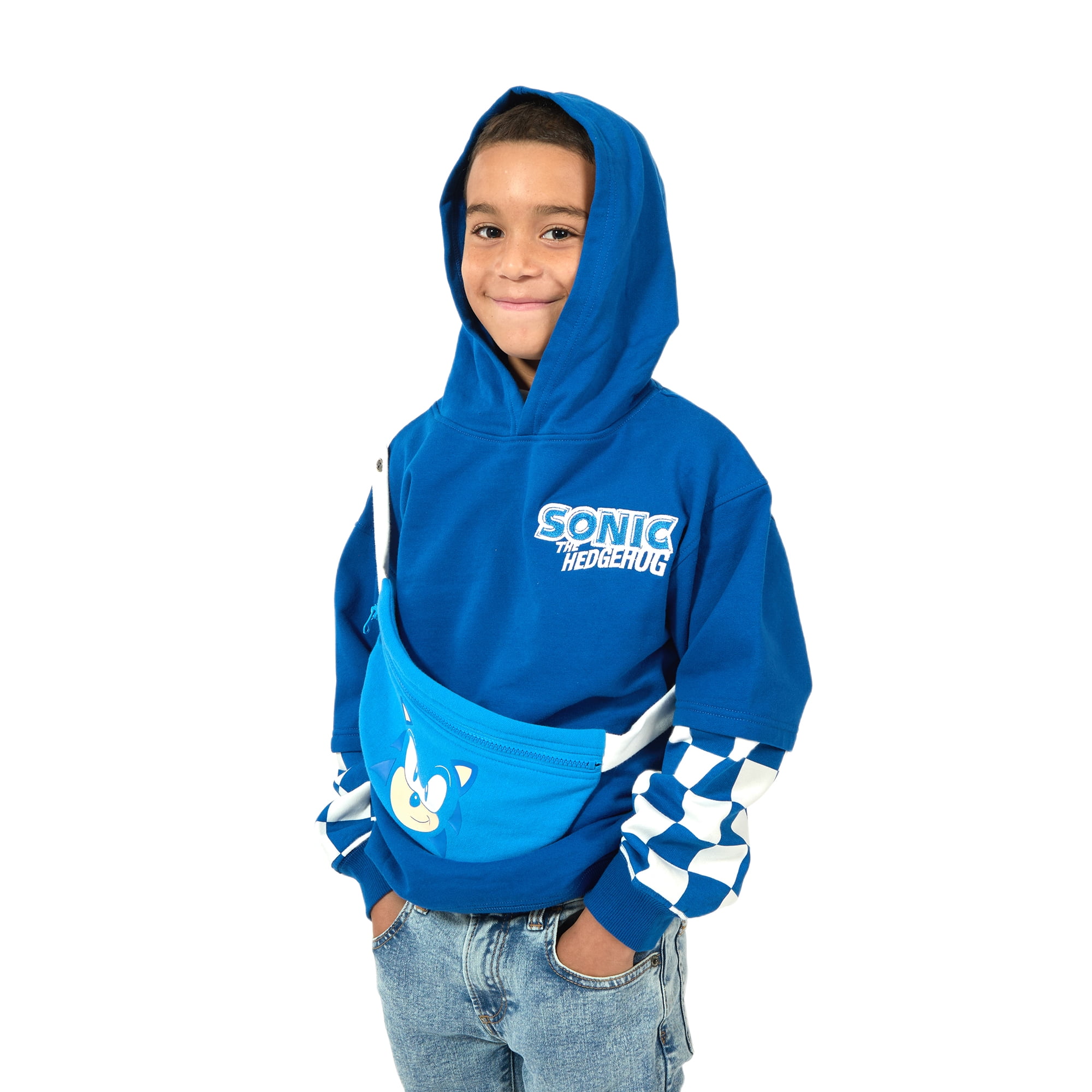 Sonic The Hedgehog Character Face Long Sleeve Boy's Blue Hooded ...