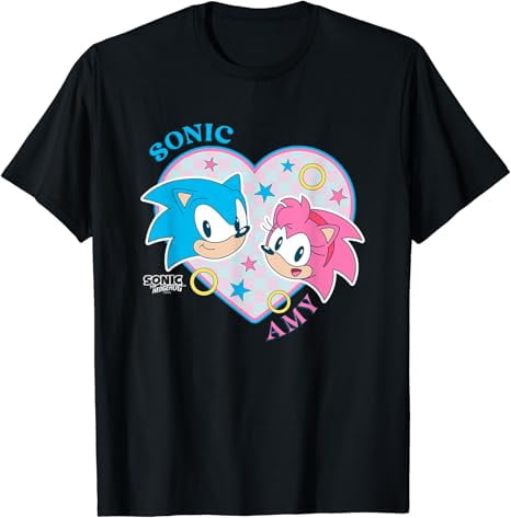 Sonic The Hedgehog Sonic & Amy Heart Shaped Portrait Retro T-Shirt ...