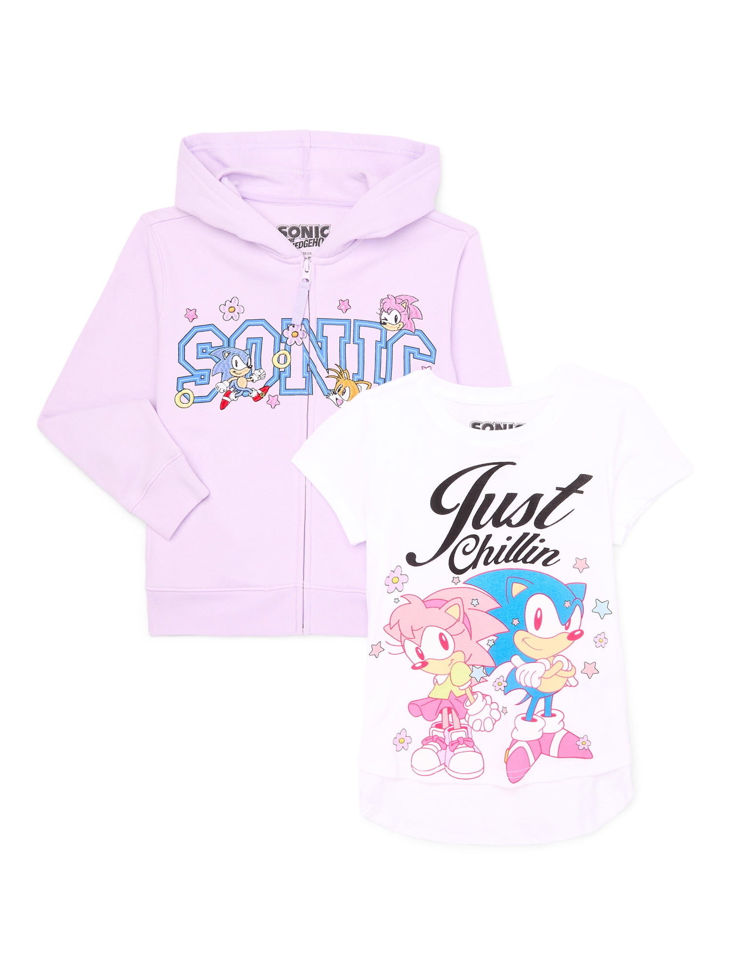 Sonic the Hedgehog Girls Embroidered Zip Hoodie and Graphic Tee Set, 2 ...