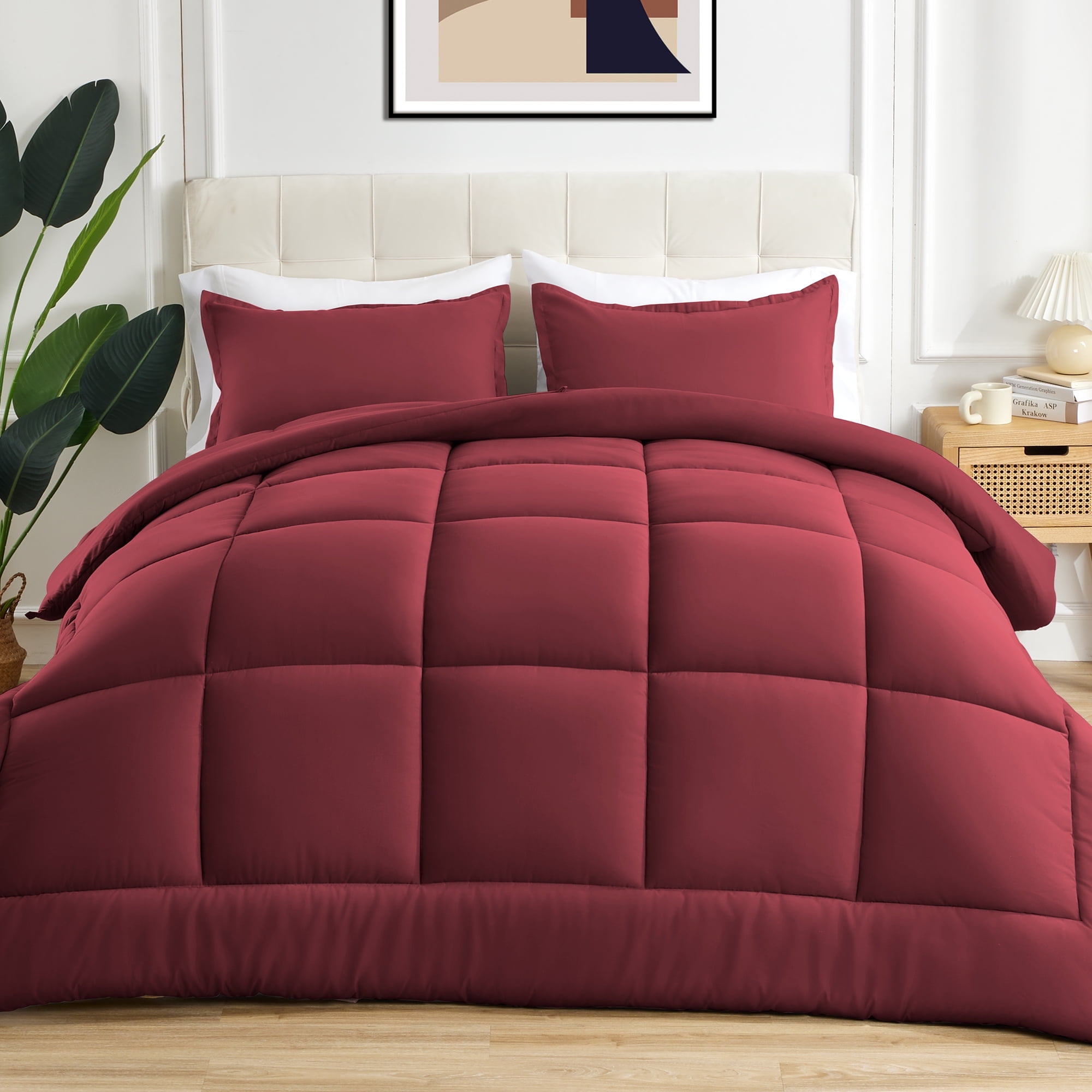 Sonive King Comforter, Fluffy Goose Feather Feel, Burgundy Microfiber ...