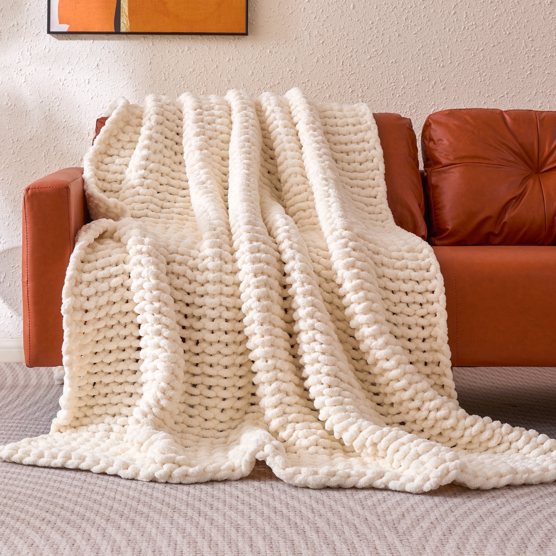 Sonive Ivory Throw Blanket, Chunky Velvet Knit Warm Soft Handmade ...