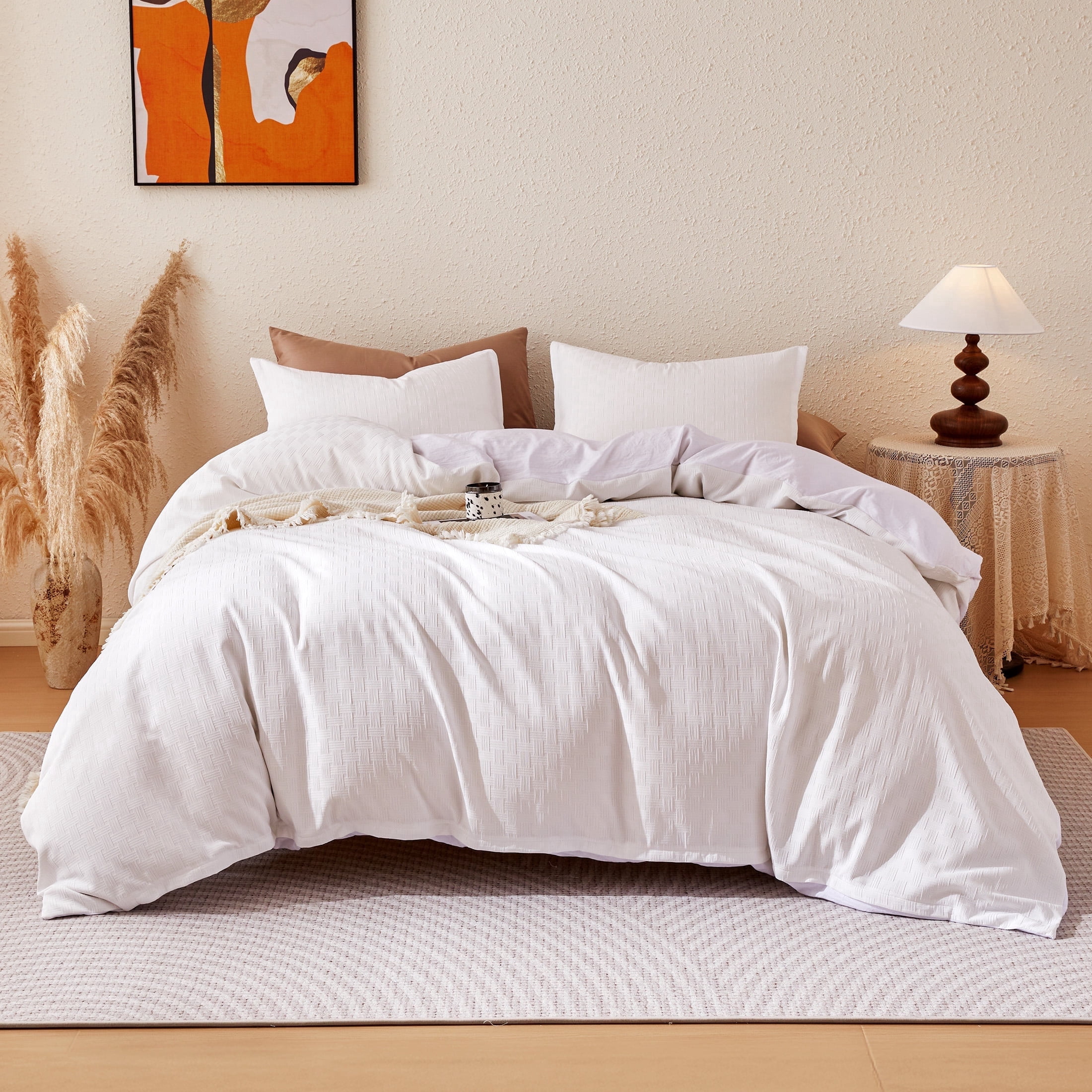 Sonive Geometrical Duvet Cover Set Modern White Grid Pattern Duvet ...