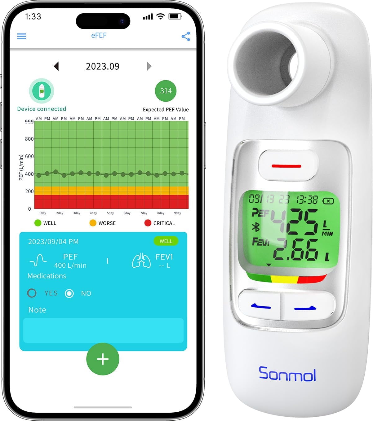 Sonmol Digital Home Breathing Test Device, PEF & FEV1 with Green LCD ...
