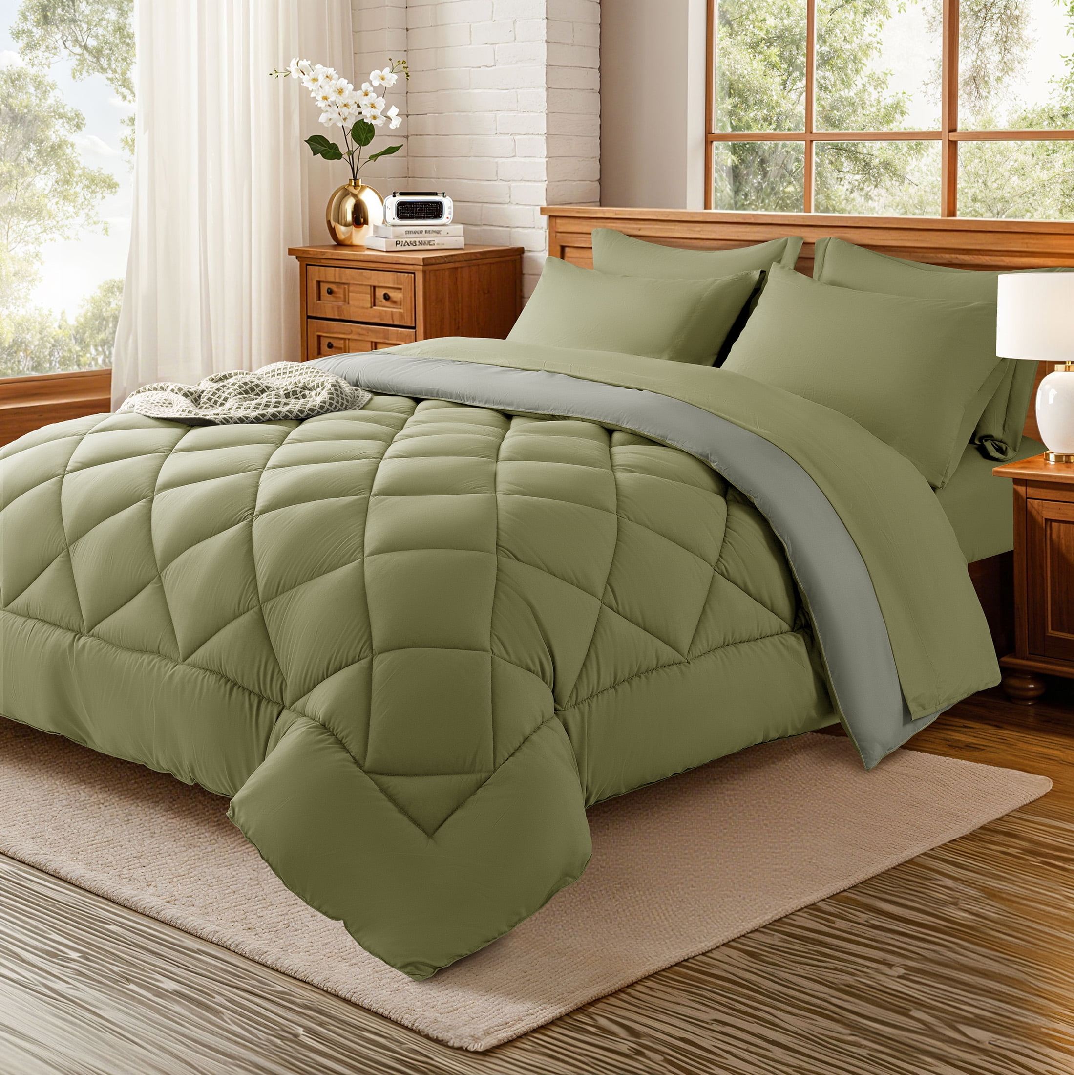 Sonoro Kate Queen Comforter Set Sage Green, Bed in a Bag 7 Pieces ...