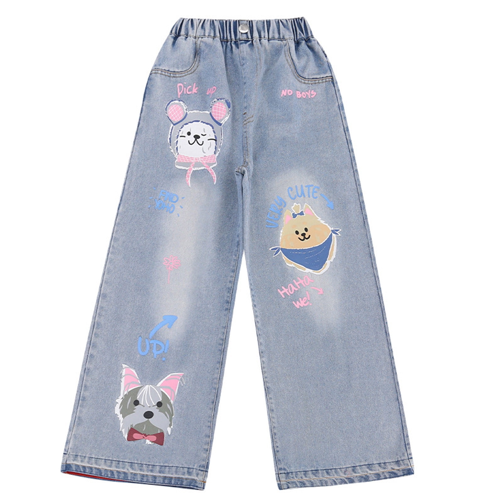 SonxaHe Big Girl's Jeans Cartoon Print Wide Leg Flare Cargo Jeans Child ...