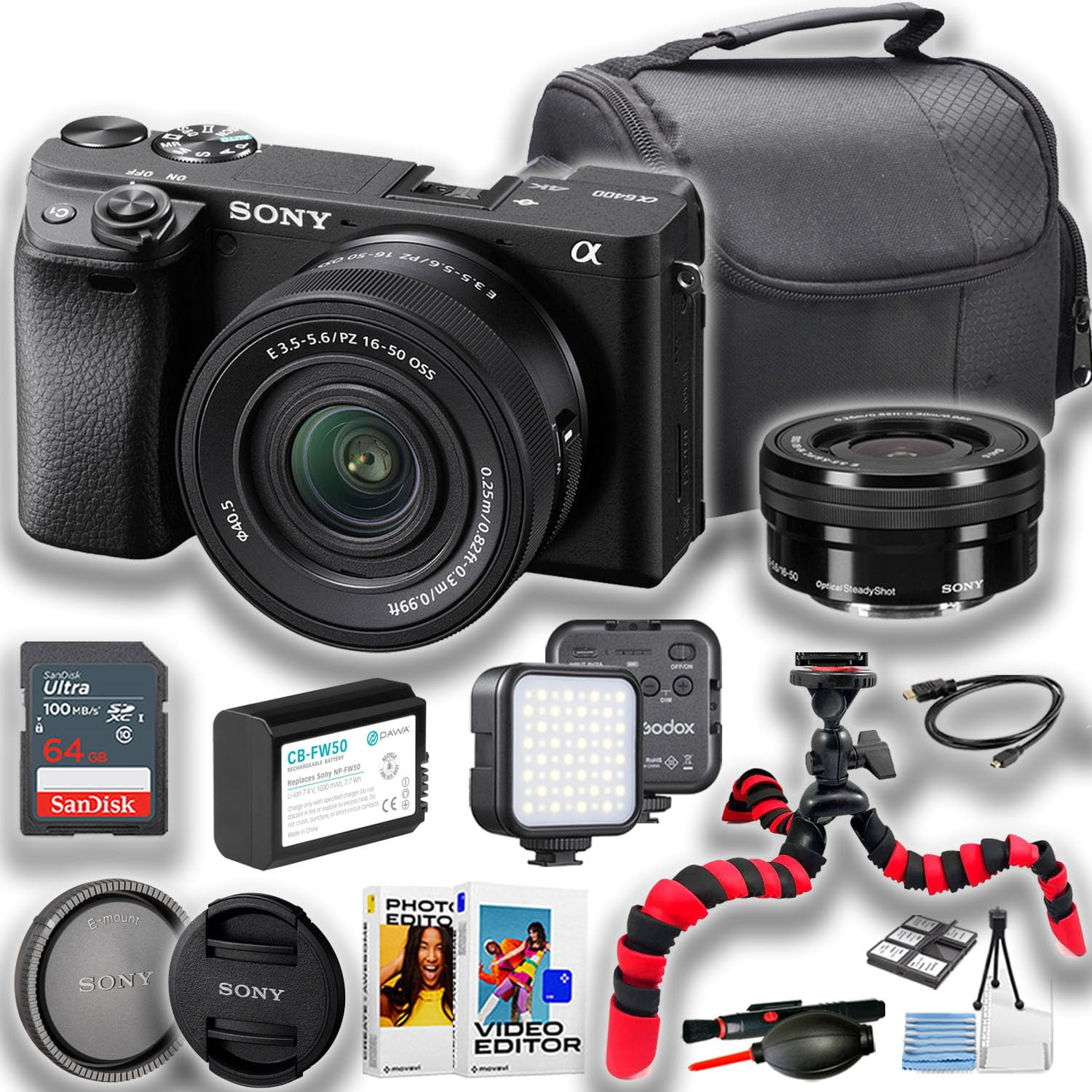 Sony A6400 Mirrorless Camera with 16-50mm Lens Vlogging/Video Creator Bundle with Portable LED ...