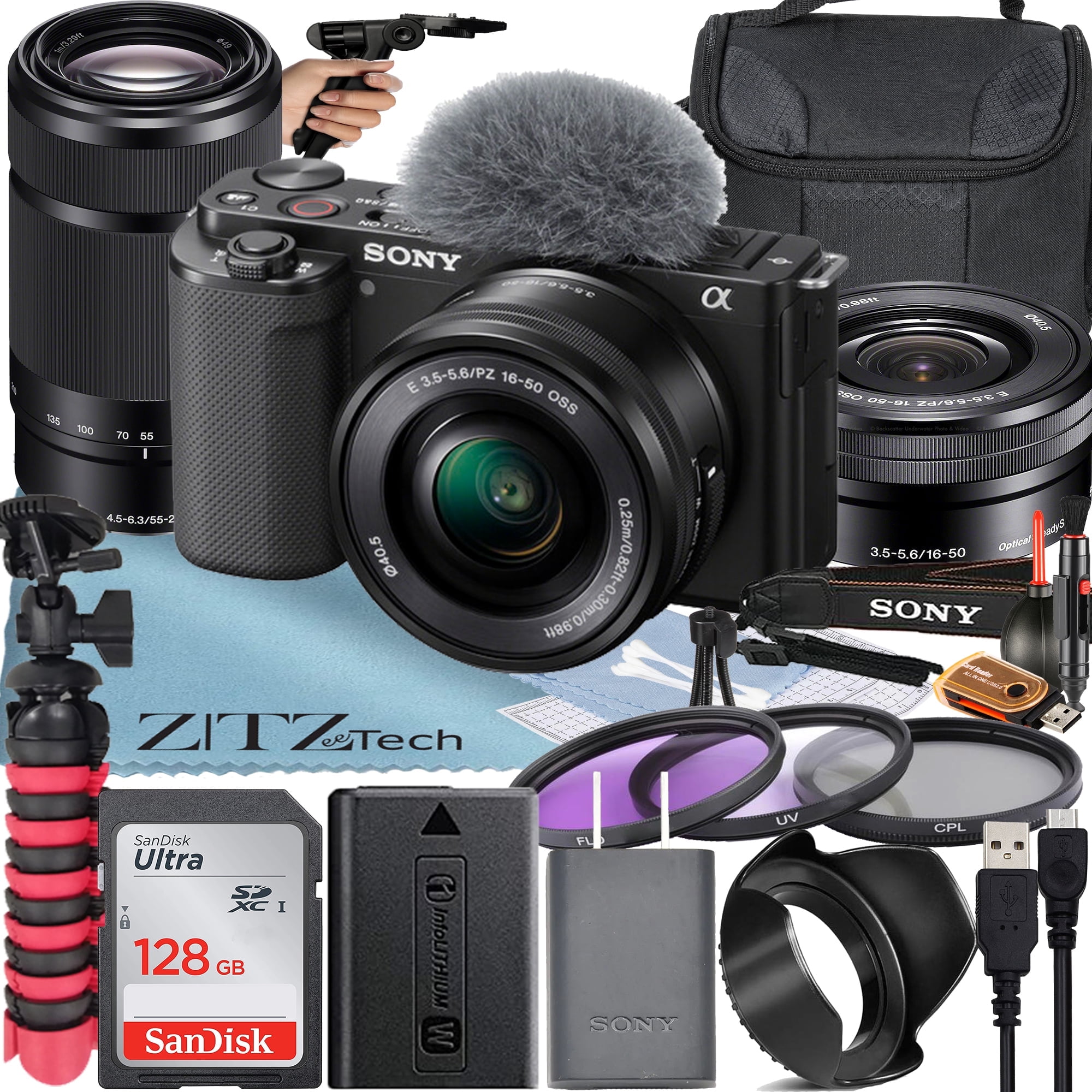 Sony Alpha ZV-E10 Video Camera Vlog 16-50mm + 55-210mm Lens, ZeeTech Kit (Black) - Walmart.com