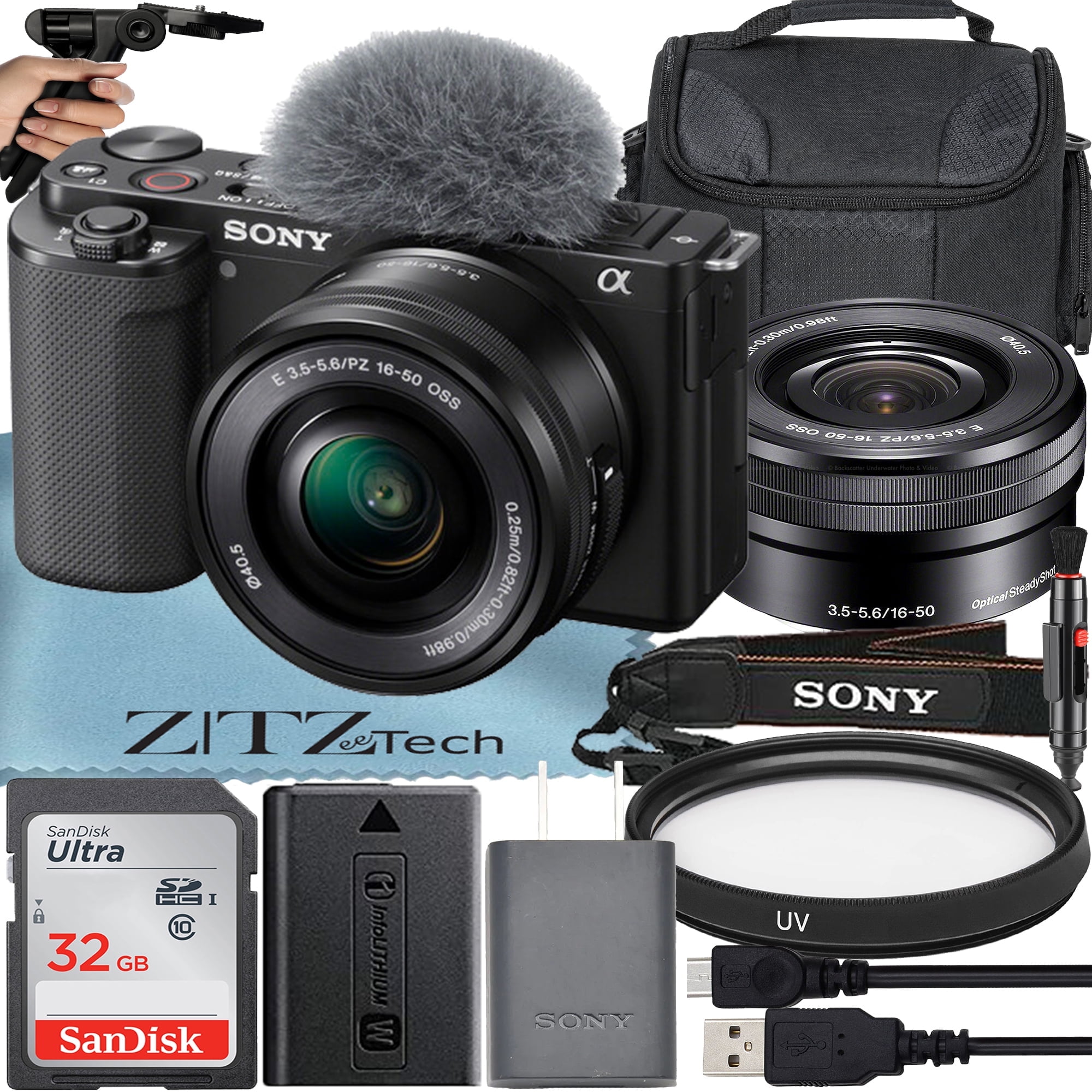 Sony Alpha ZV-E10 Vlog Camera, 16-50mm Lens, 32GB Card, Tripod, Case, ZeeTech Bundle (Black ...