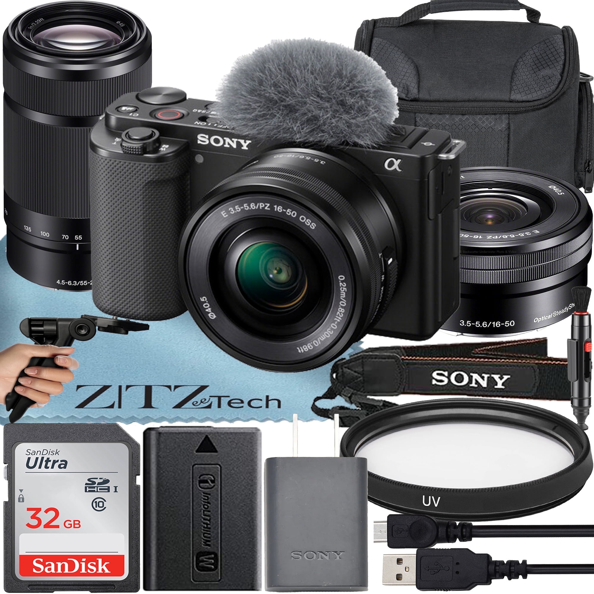 Sony Alpha ZV-E10 Digital Vlog Camera Kit: WiFi, 16-50mm + 55-210mm Lenses, 32GB, Tripod, Case ...