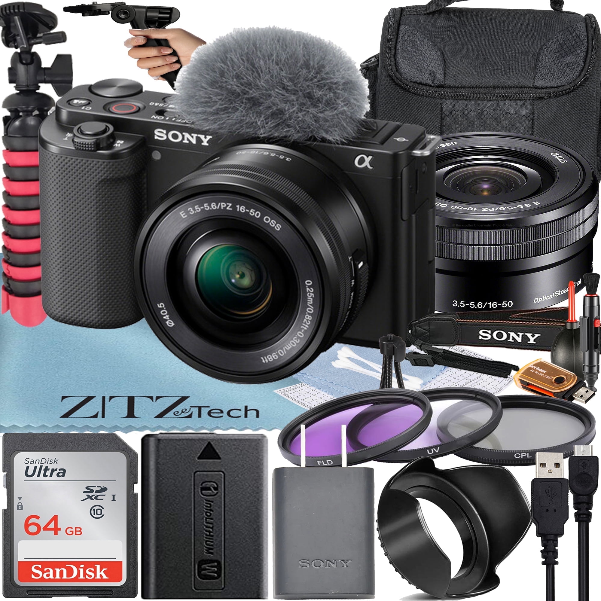 Sony ZV-E10 Digital Video Vlog Camera, 16-50mm Lens, 64GB Card, Filter Kit, Tripod, Case ...