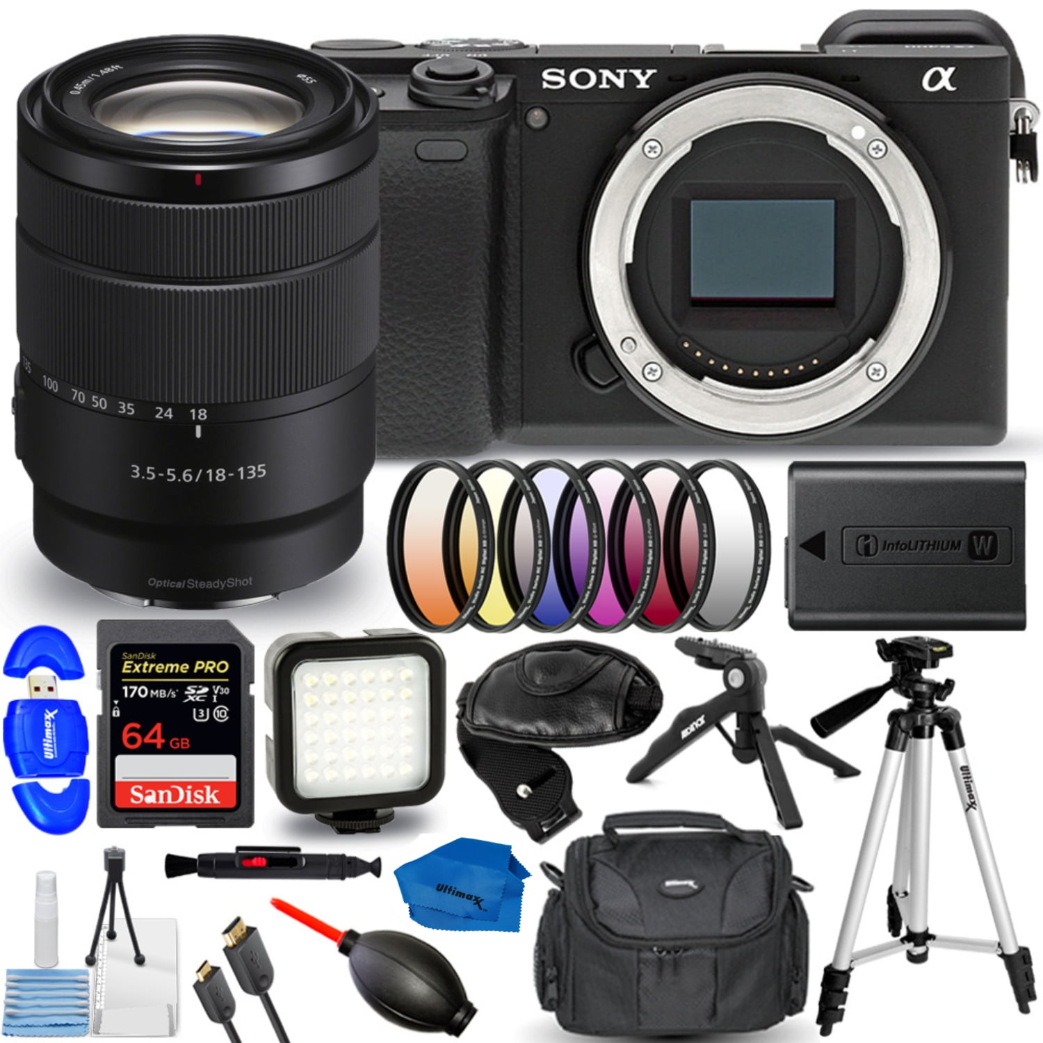 Sony Alpha a6400 Mirrorless Digital Camera with 18-135mm Lens + SanDisk 64GB Extreme PRO, LED ...
