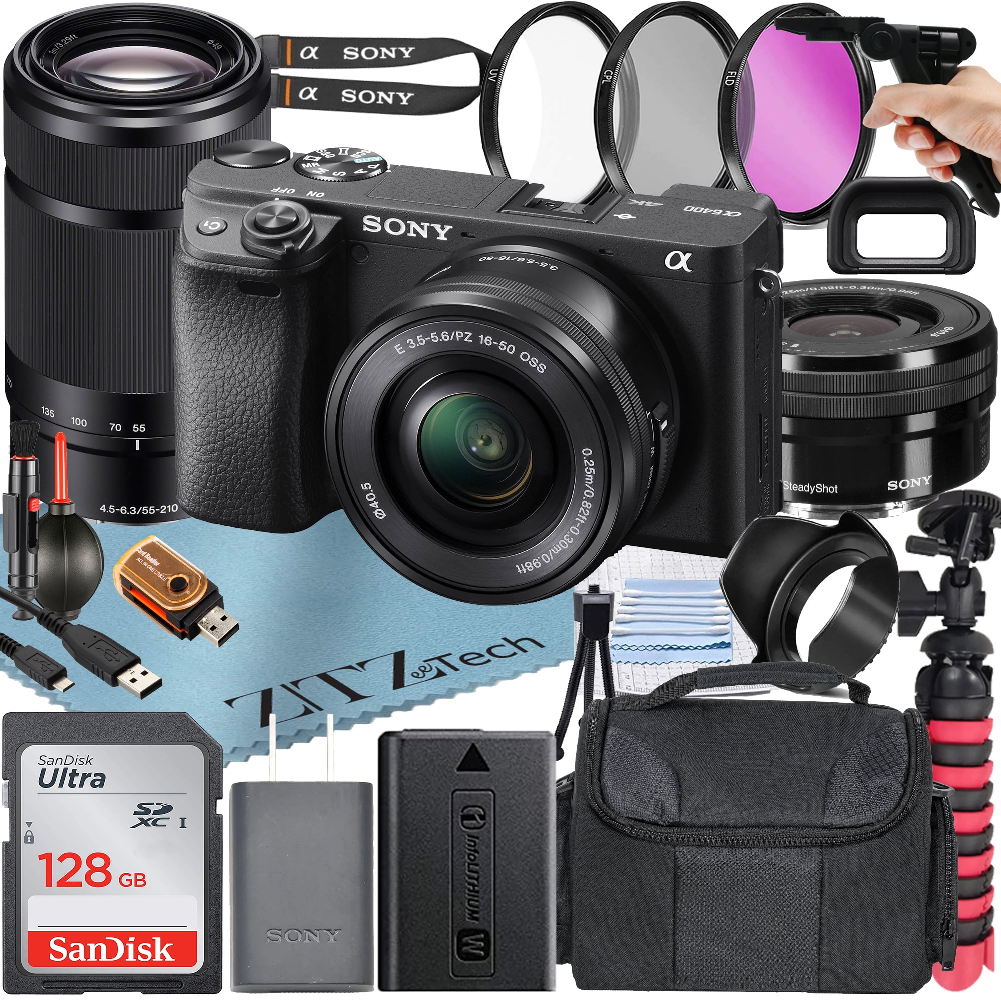 Sony Alpha a6400 Mirrorless Digital Camera with E PZ 16-50mm + E 55-210mm OSS Lens + SanDisk ...