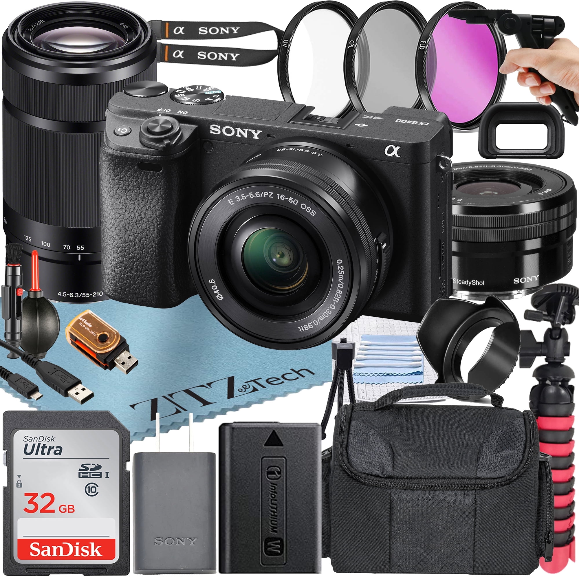 Sony Alpha a6400 Camera with 16-50 & 55-210mm Lenses, 32GB Card, Tripod, ZeeTech Pack - Walmart.com