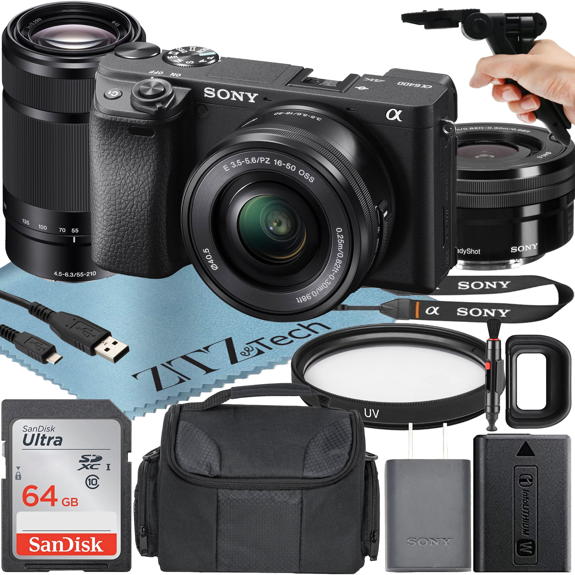 Sony Alpha a6400 Mirrorless Digital Camera with E PZ 16-50mm + E 55-210mm OSS Lens + SanDisk ...