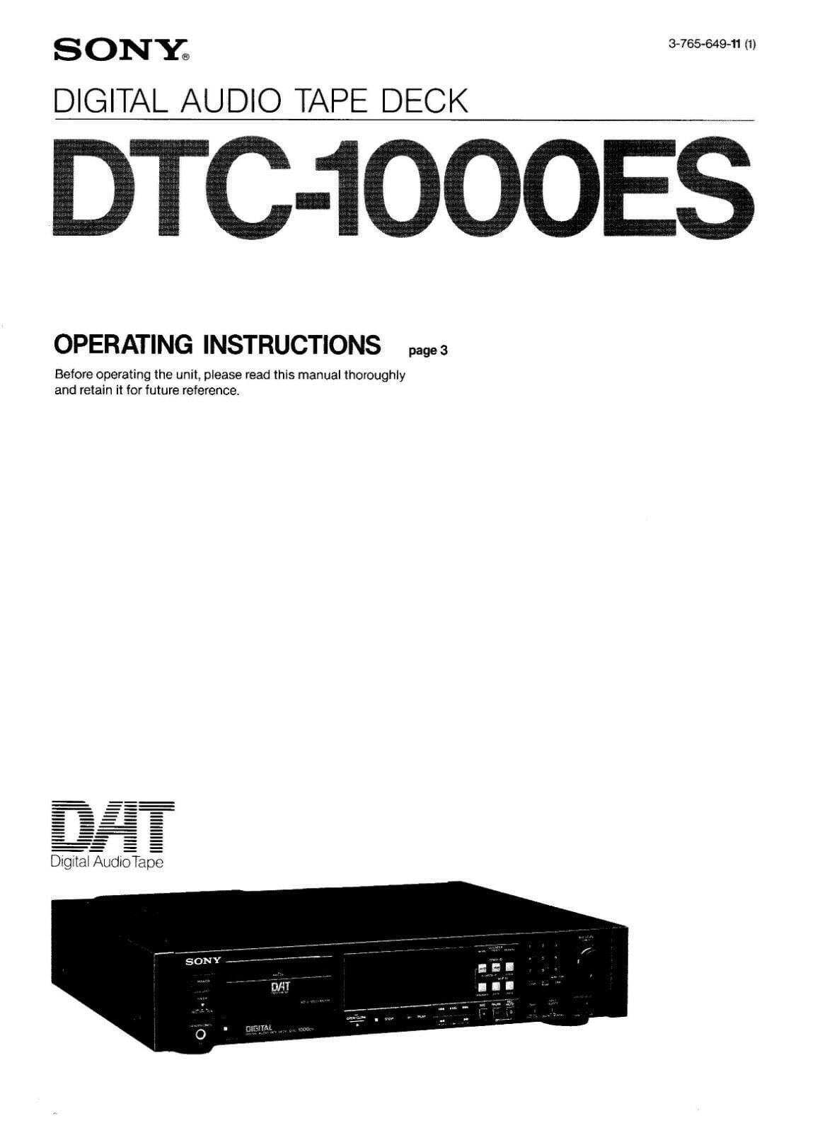 Sony DTC-1000ES Digital Audio Tape Deck Owners Instruction Manual ...