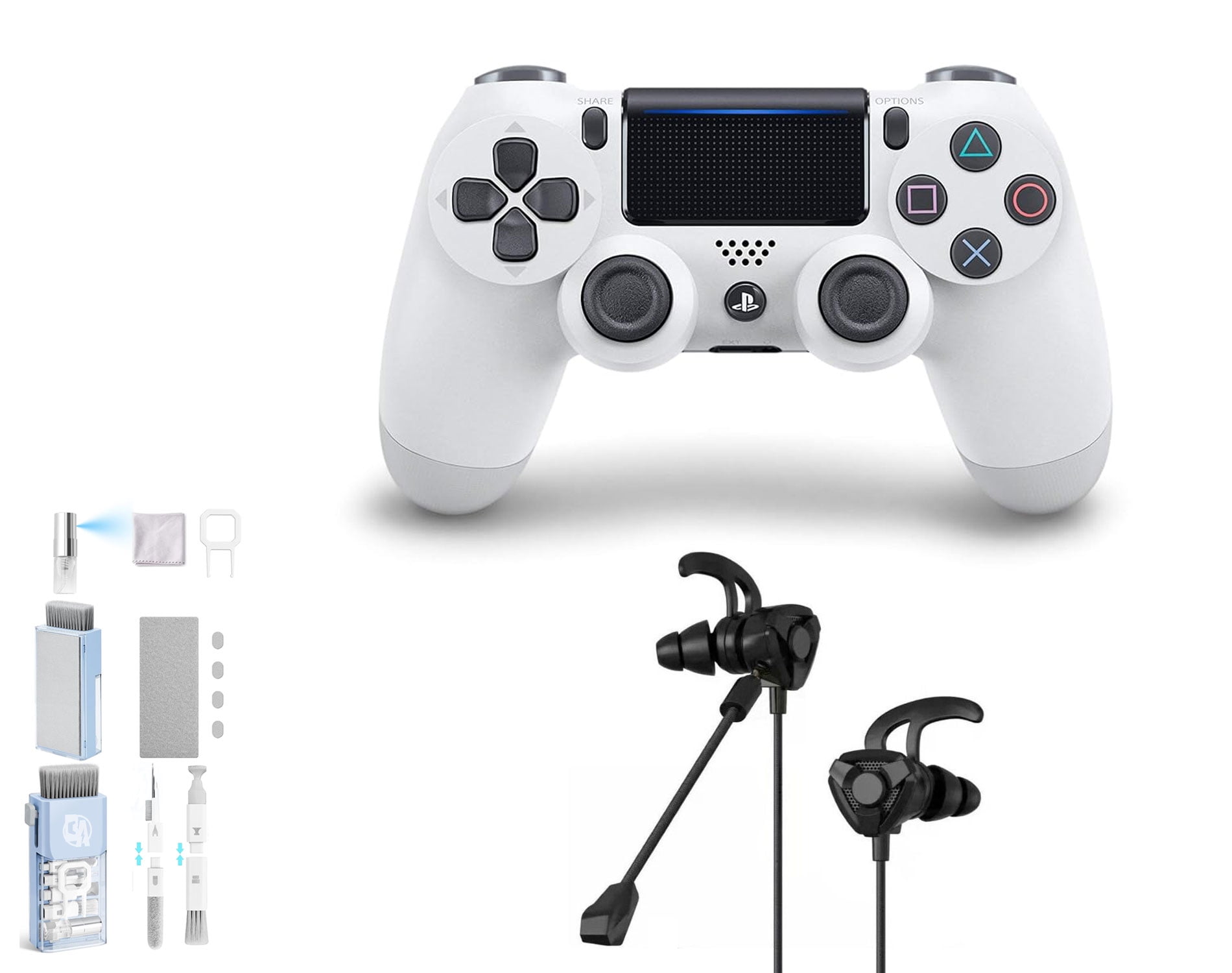 Pre-Owned Sony Dual Shock White Gaming Controller PS4 Console With Black Gaming Buds + Cleaning ...