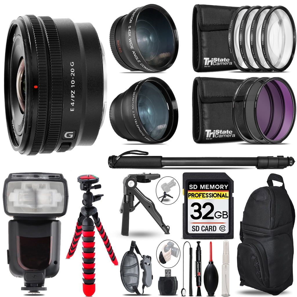 Sony E 10-20mm f/4 PZ G Lens - 3 Lens Kit + Monopod - 32GB Accessory ...