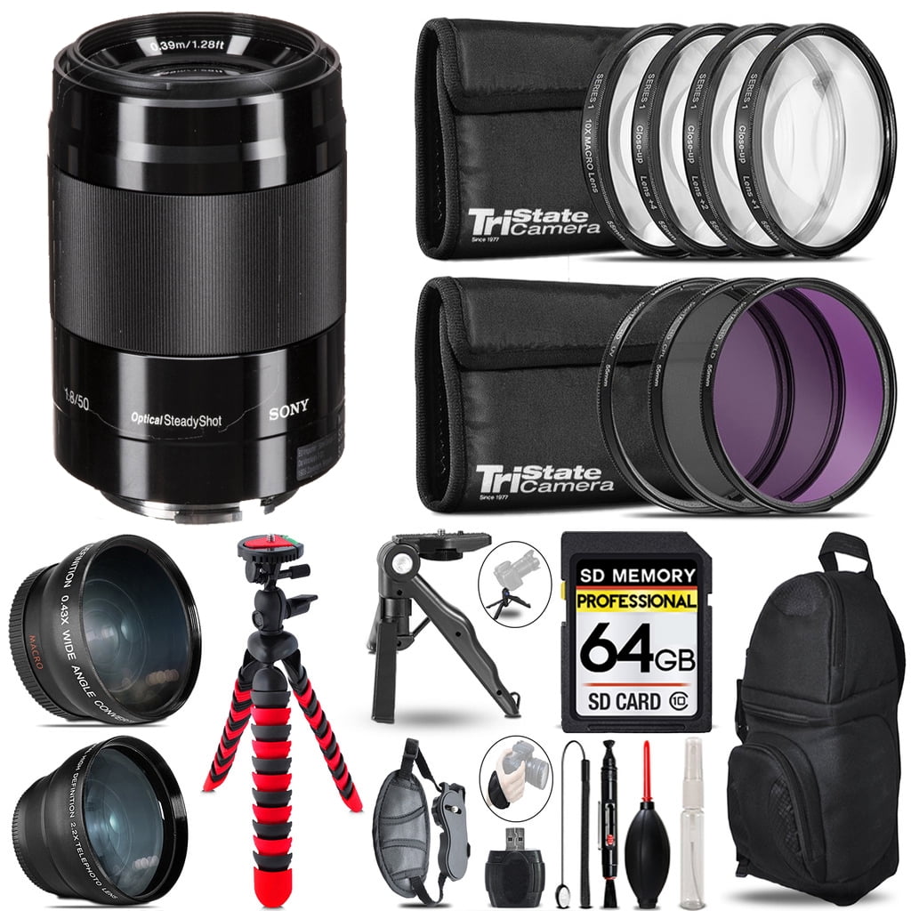 Sony E 50mm f/1.8 OSS Lens (Black) - 3 Lens Kit + Tripod + Backpack ...
