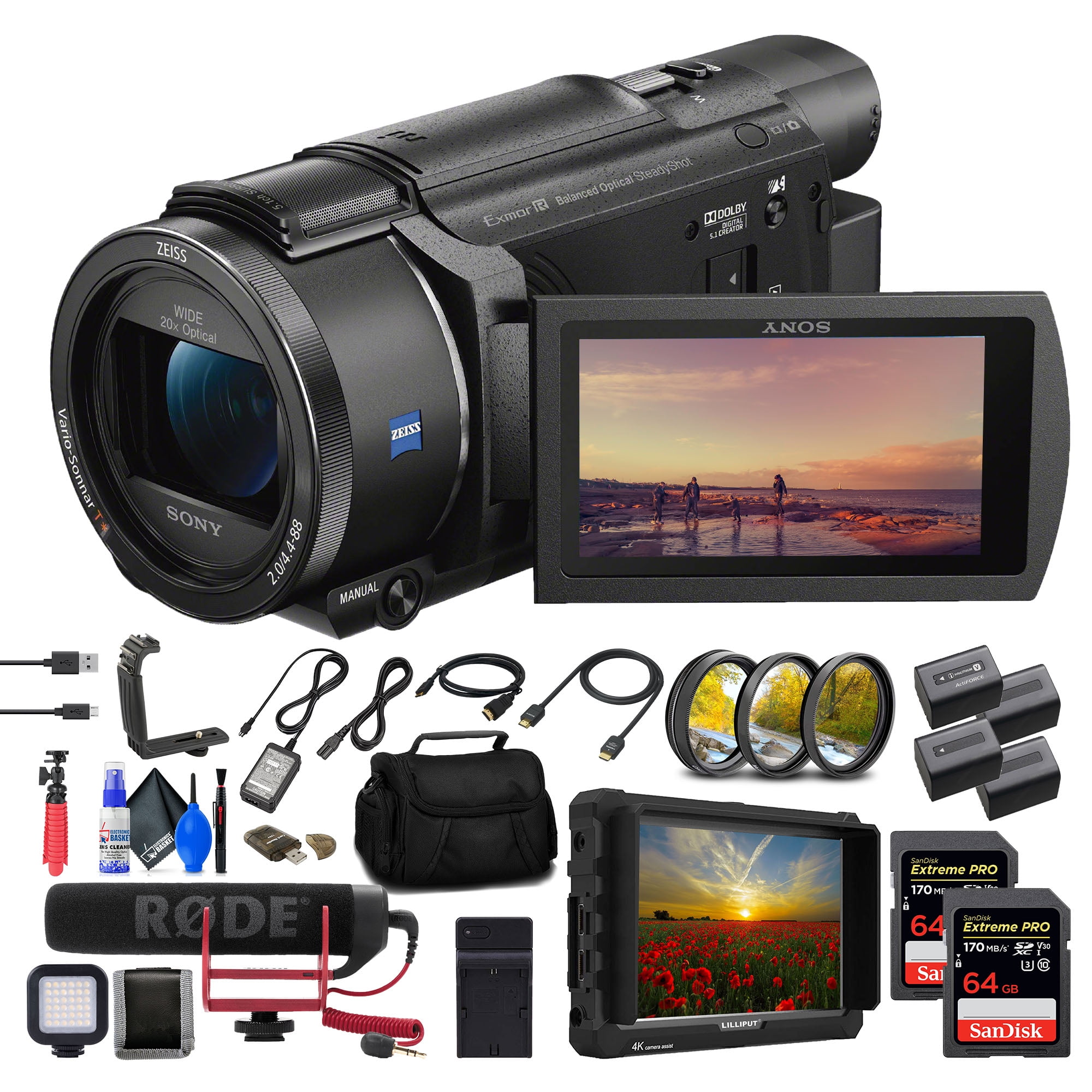 Sony FDR-AX53 4K Handycam Camcorder + Pro Mic, Dual 64GB Cards & Bundle ...
