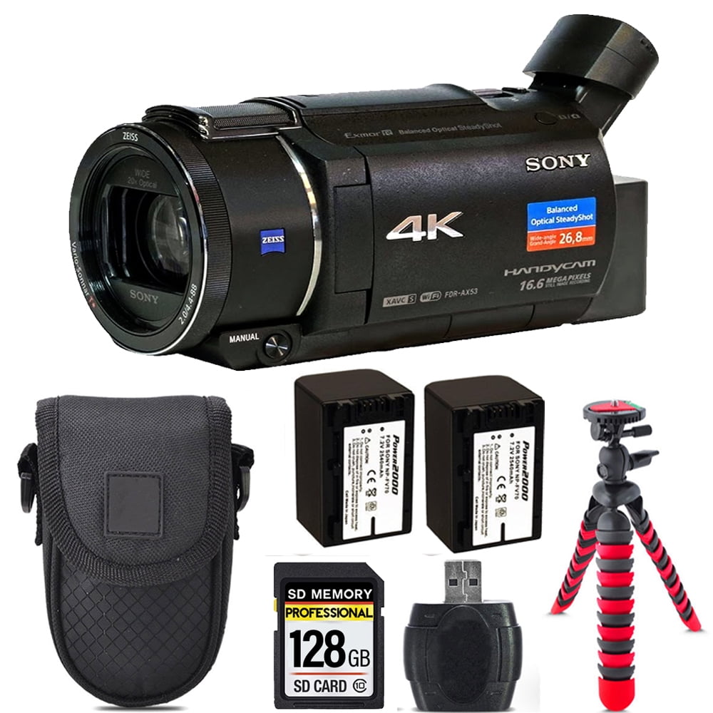 Sony FDR-AX53 4K Handycam, Extra Battery, Tripod, Case, 128GB Kit ...