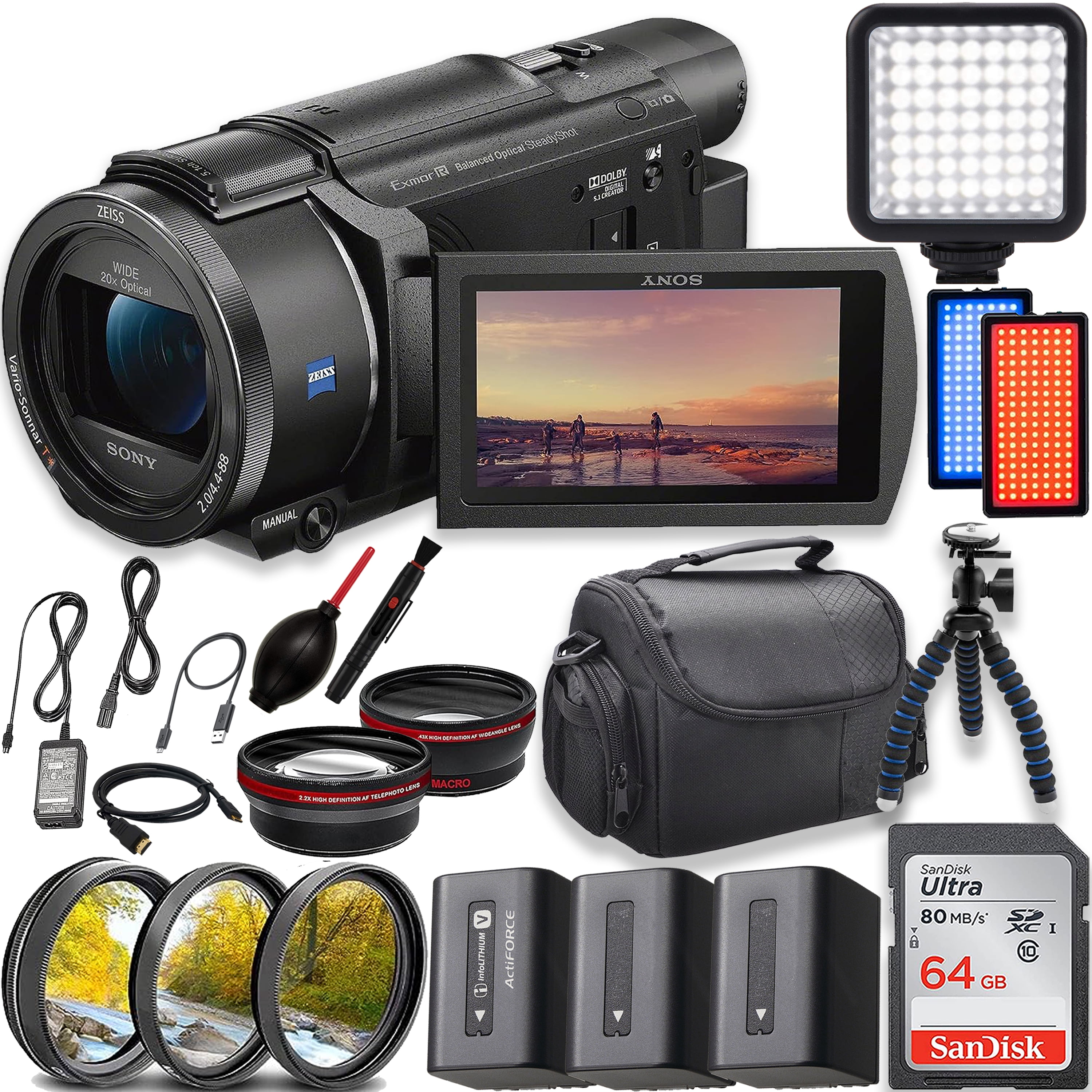 Sony FDR-AX53 4K Ultra HD Handycam, Wi-Fi, 64GB Card, Filter Kit, LED ...