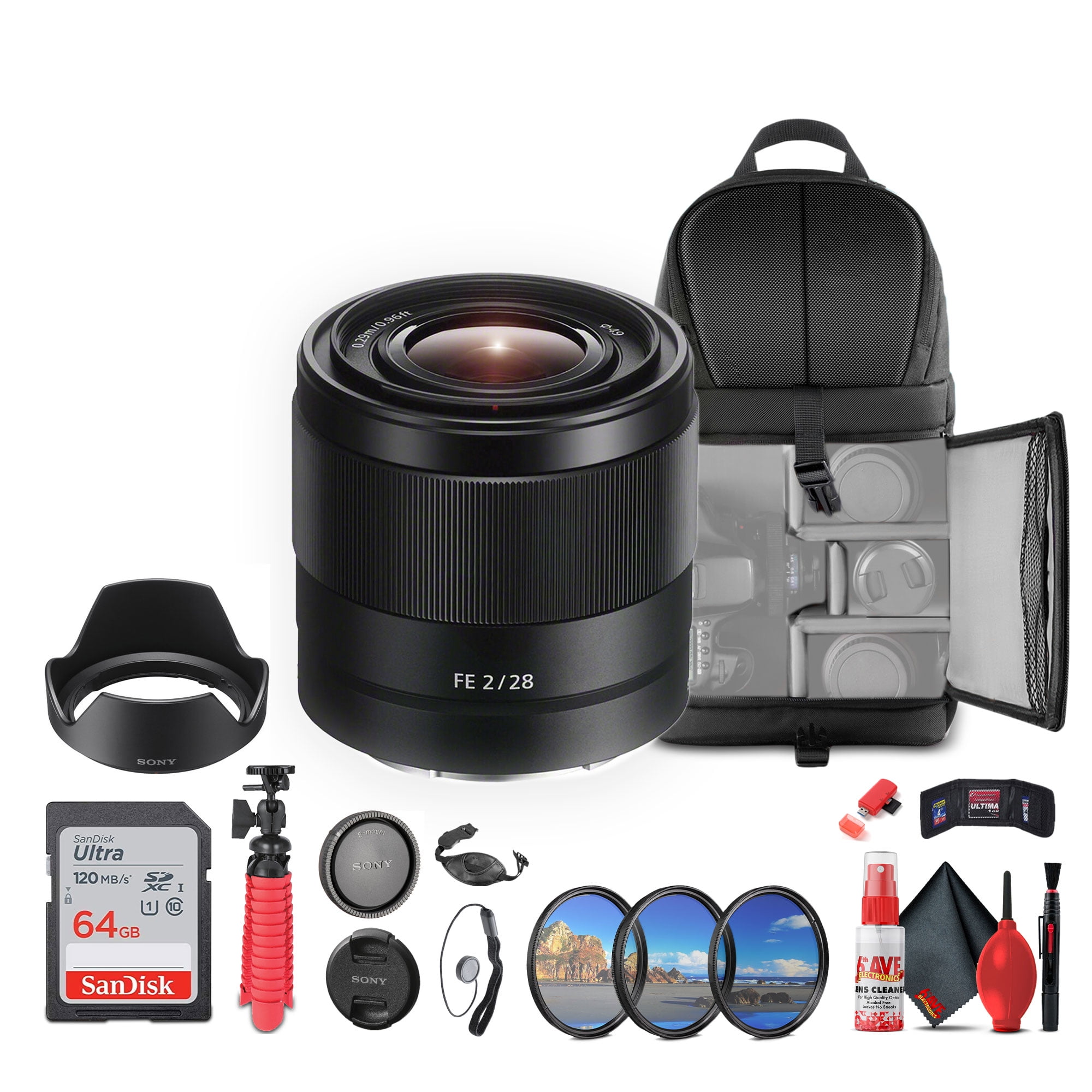 Sony FE 28mm F/2 Lens (SEL28F20) + 64GB Card + Filter Kit + Backpack ...