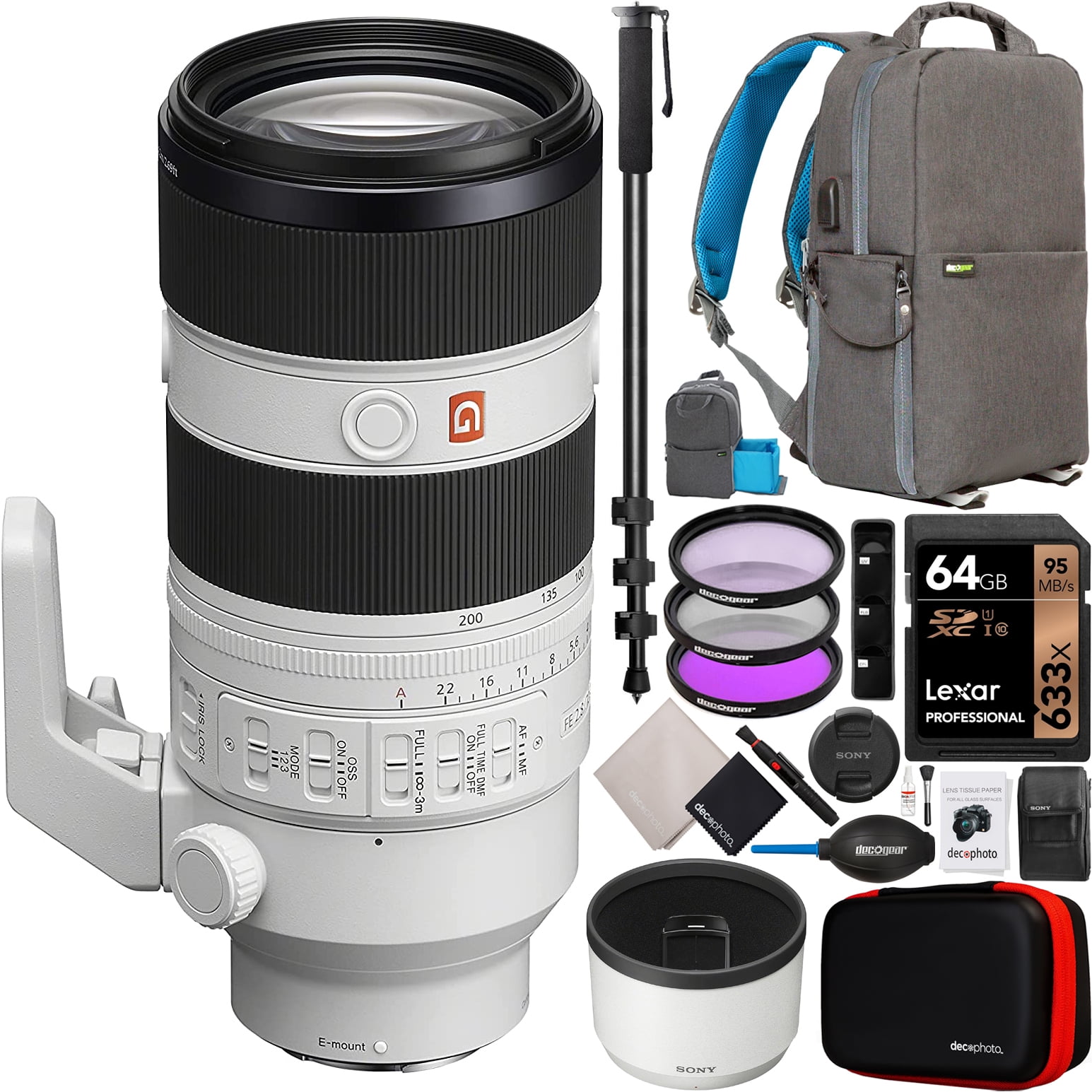 Sony FE 70-200mm F2.8 GM OSS II Lens for E-Mount Cameras with Deco Gear Backpack, Filter Kit ...