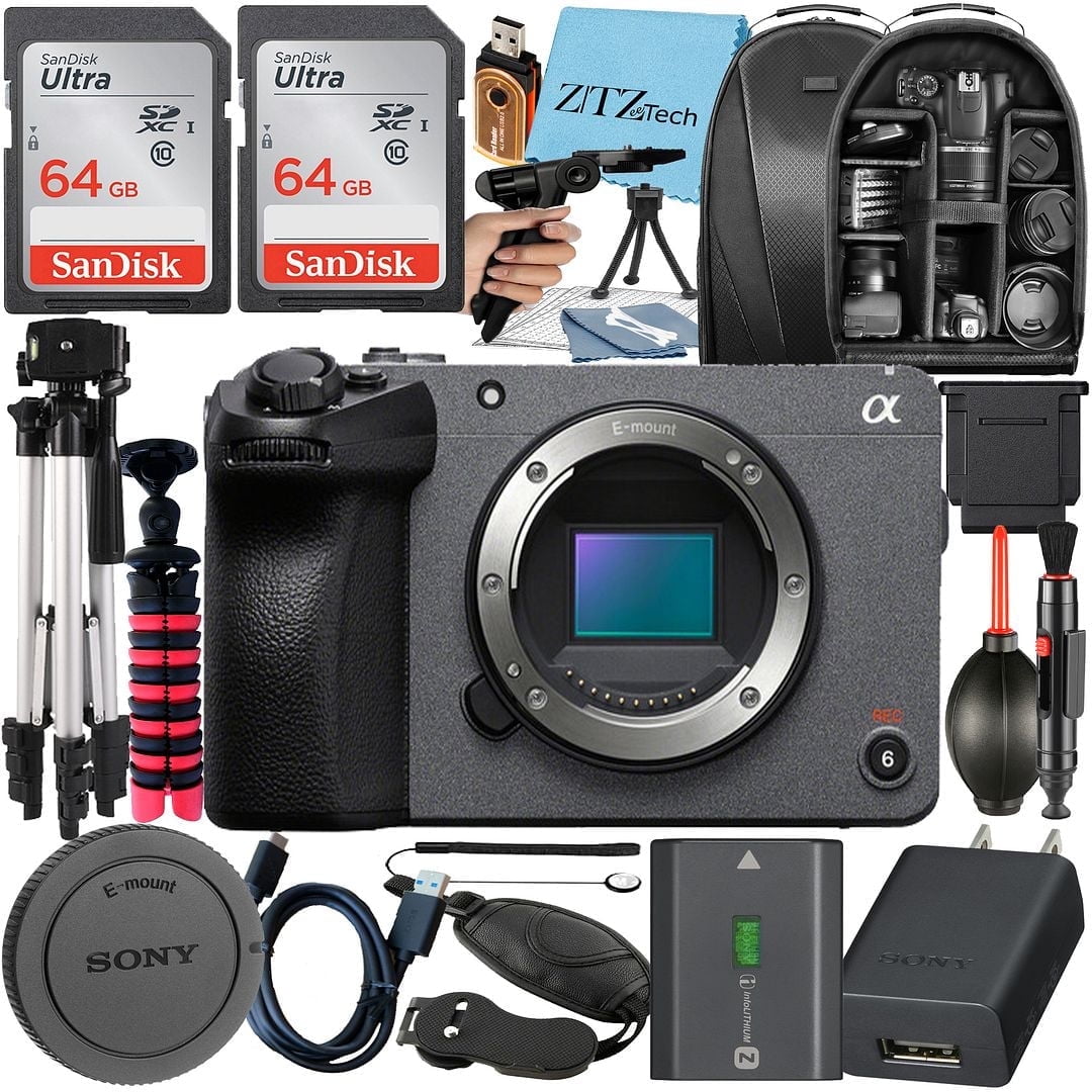 Sony FX30 Digital Cinema Camera + 2 Pack 64GB Memory Card + Backpack + Tripod + ZeeTech Cloth ...