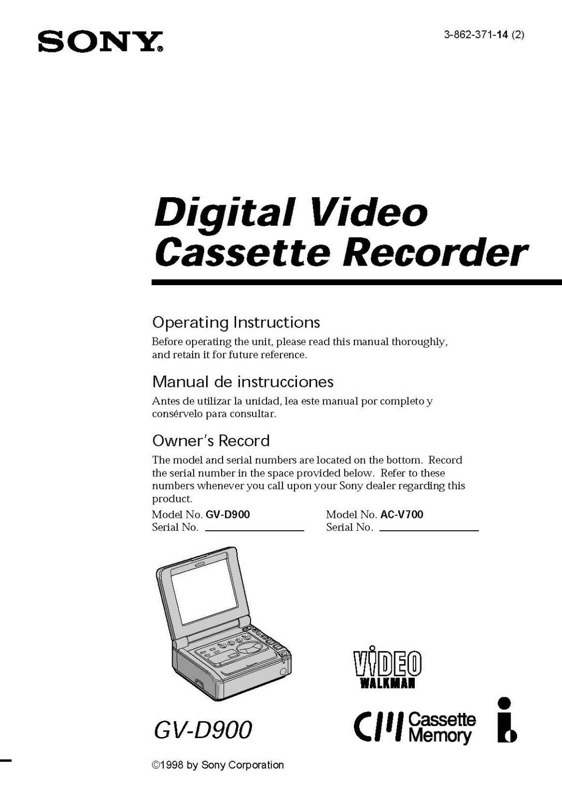Sony Gv-d900 Digital Video Cassette Recorder Owners Instruction Manual ...