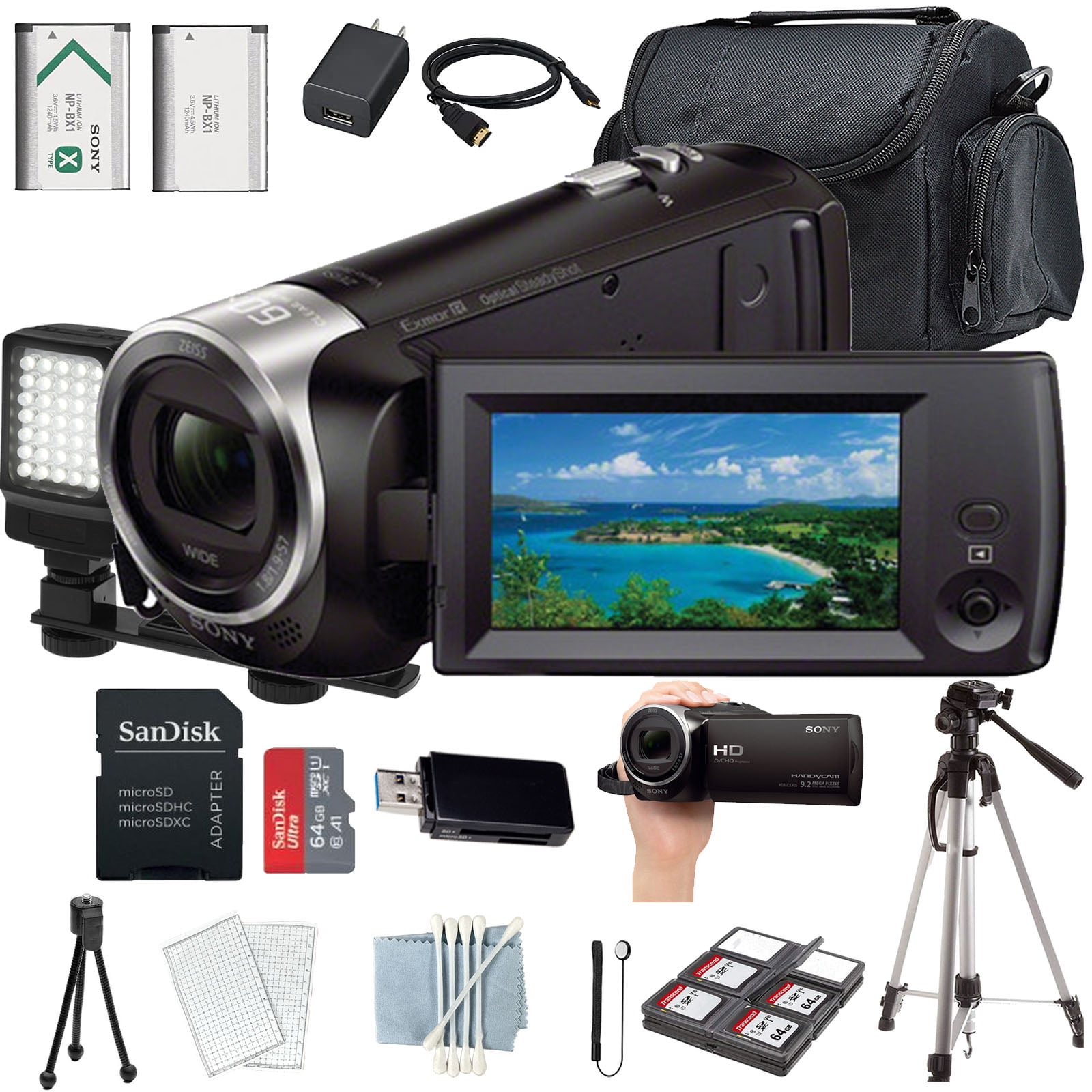 Sony HDR-CX405 HD Handycam with 64GB Memory Card, LED Light, Tripod ...
