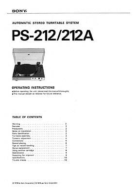 Instruction Manual ONLY for Sony PS-212 Turntable Owners Manual REPRINT - Walmart.com