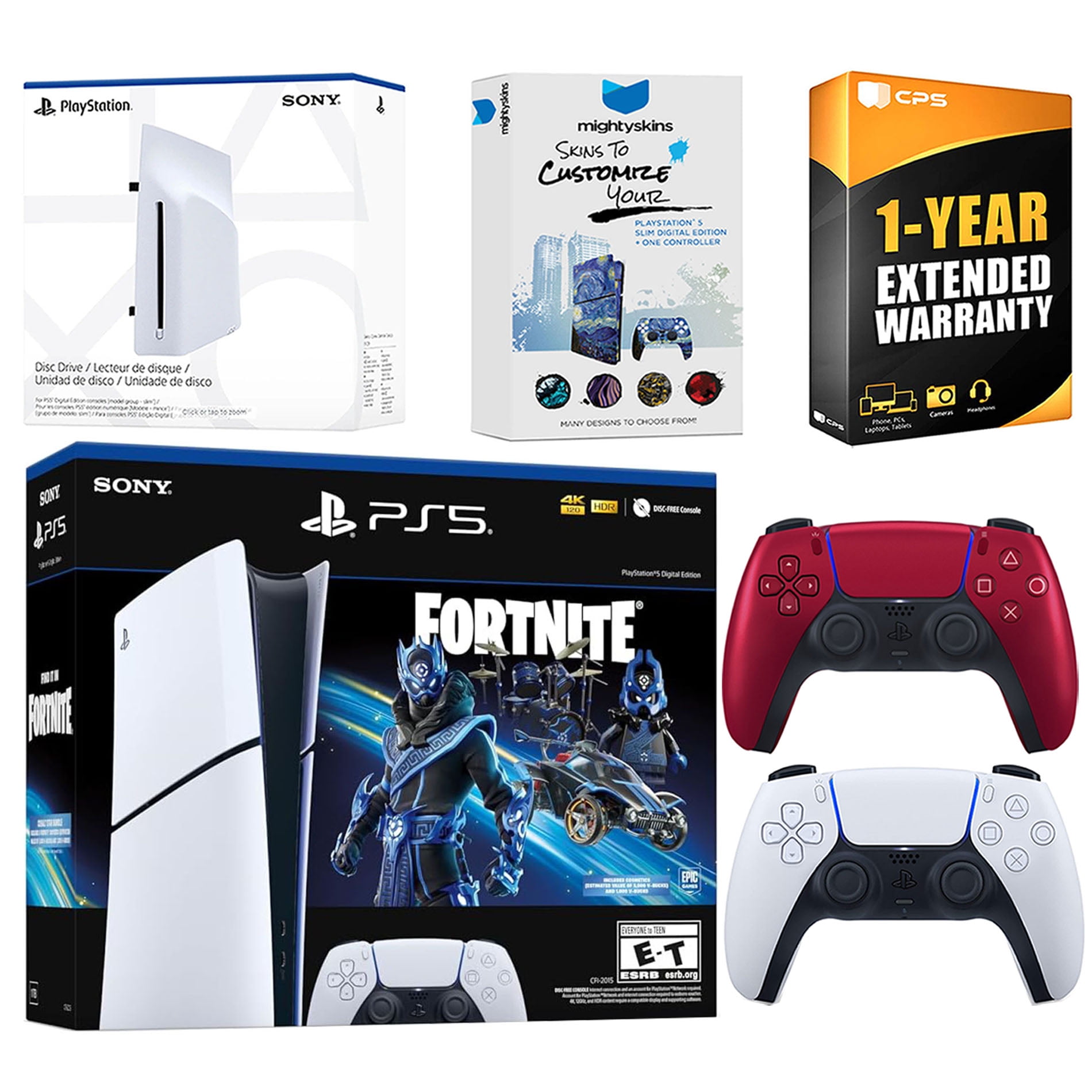 Sony PlayStation 5 Fortnite Slim Digital Bundle with Disc Drive, Extra Controller, MightySkins ...
