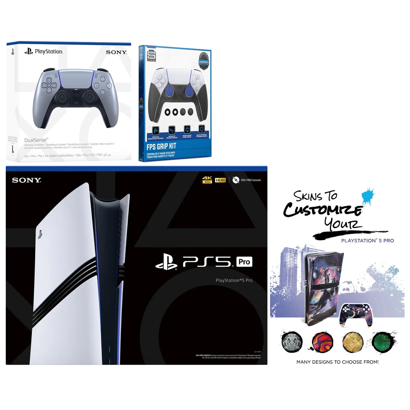 Sony PlayStation 5 Pro with Extra Sterling Silver Controller, FPS Grip Kit and MightySkins Decal ...