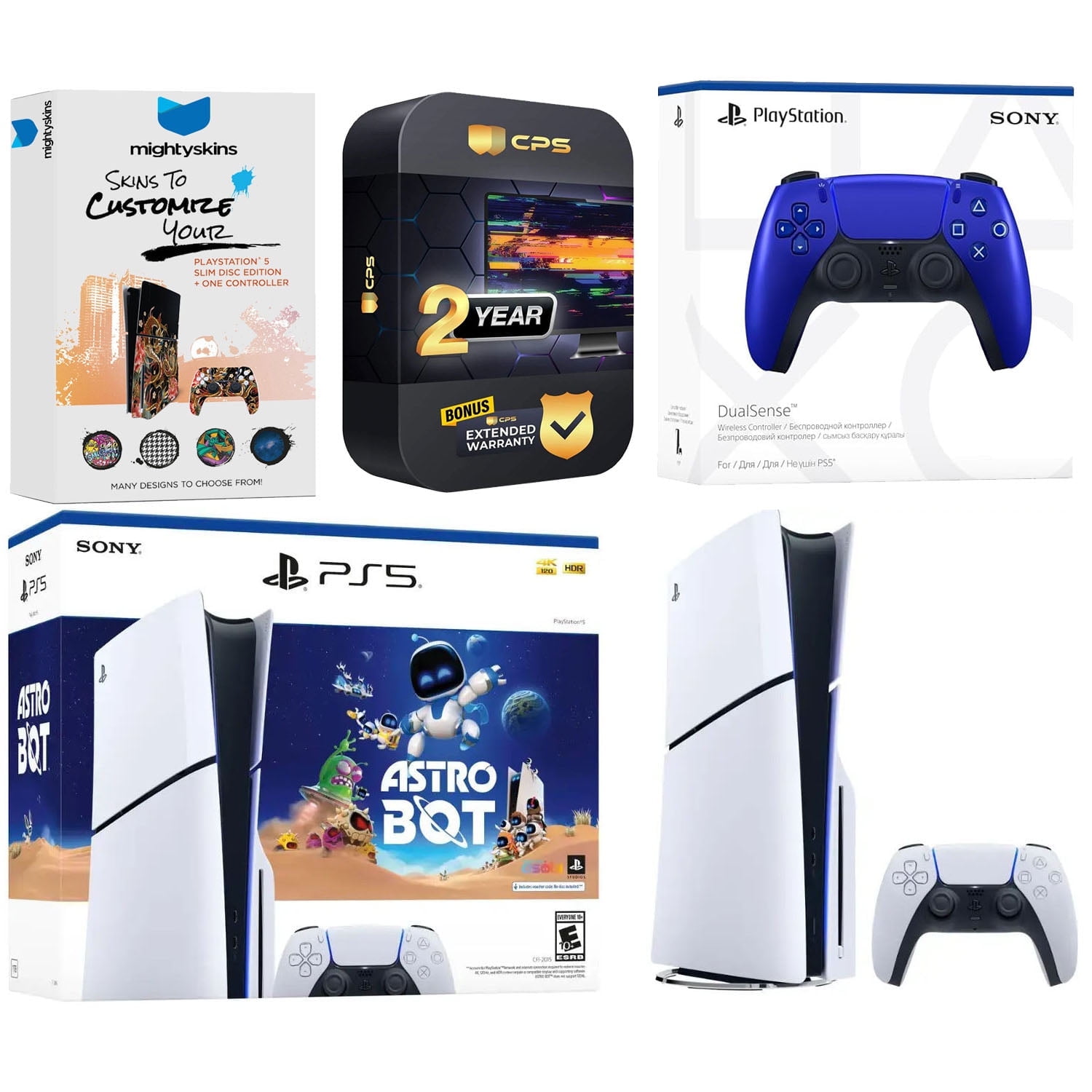 Sony PlayStation 5 Slim Disc PS5 Astro Bot Bundle with Extra Cobalt Blue Controller, MightySkins ...