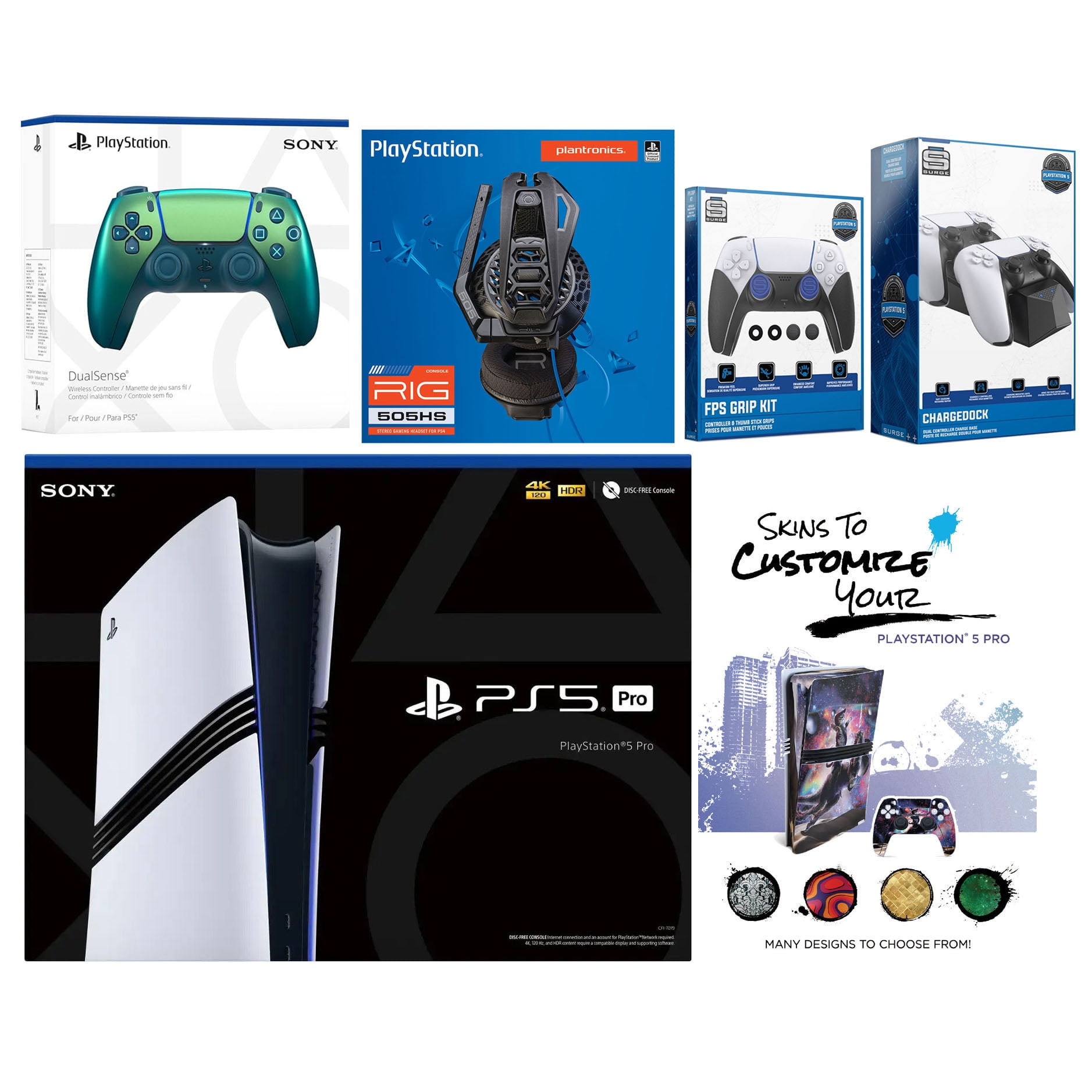 Sony Playstation 5 Pro Bundle with Extra Chroma Teal Controller, Plantronics Headset, FPS Grip ...