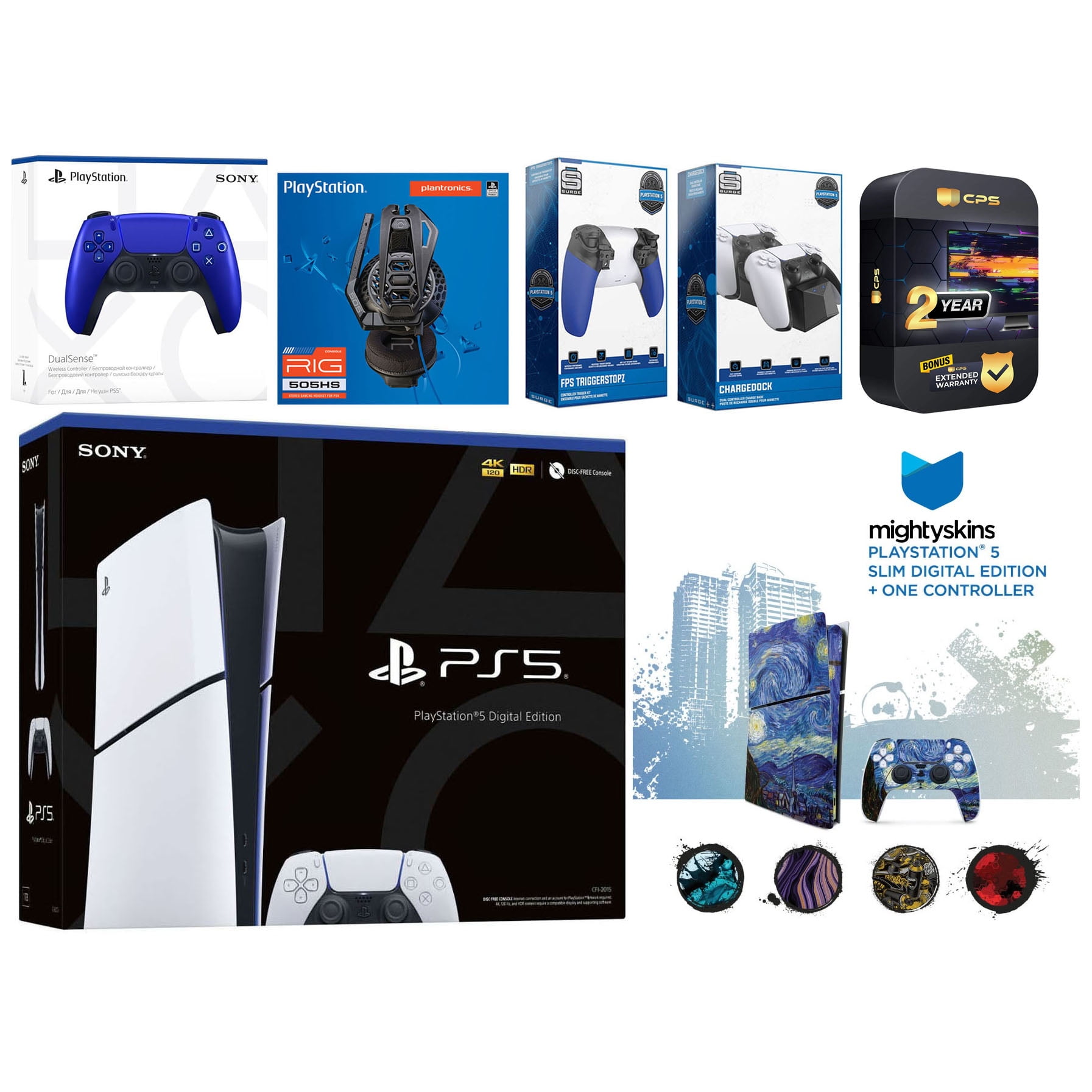 Sony Playstation 5 Slim Digital with Extra Cobalt Blue Controller, Plantronics Headset, Trigger ...