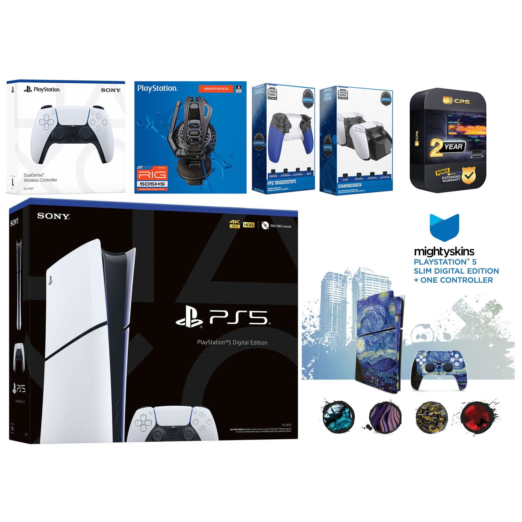 Sony Playstation 5 Slim Digital with Extra White Controller, Plantronics Headset, Trigger Stop ...