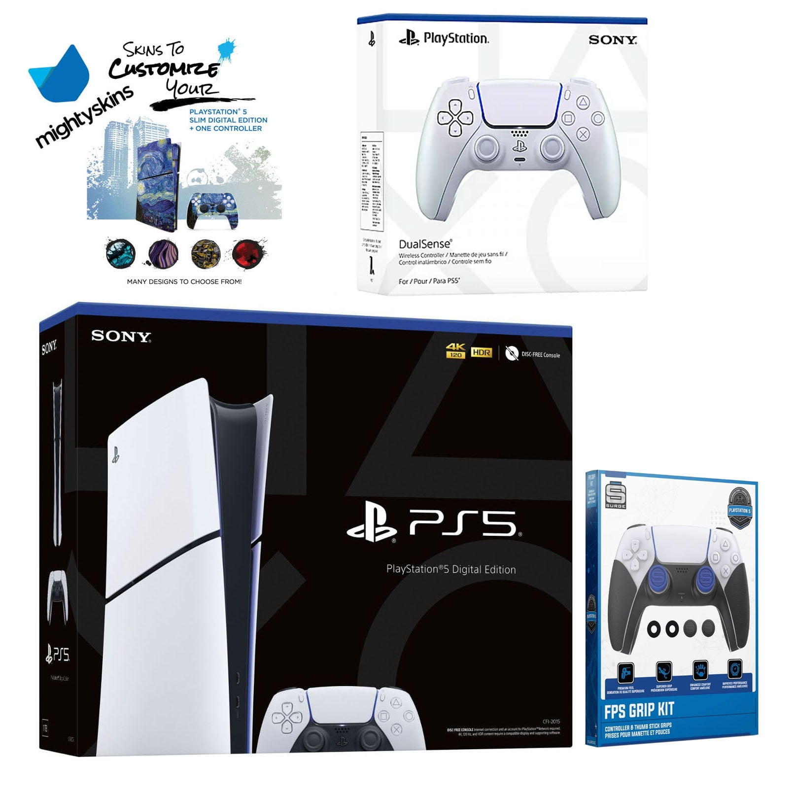 Sony Playstation 5 Slim Digital with Extra Chroma Pearl Controller, FPS Grip Kit and MightySkins ...