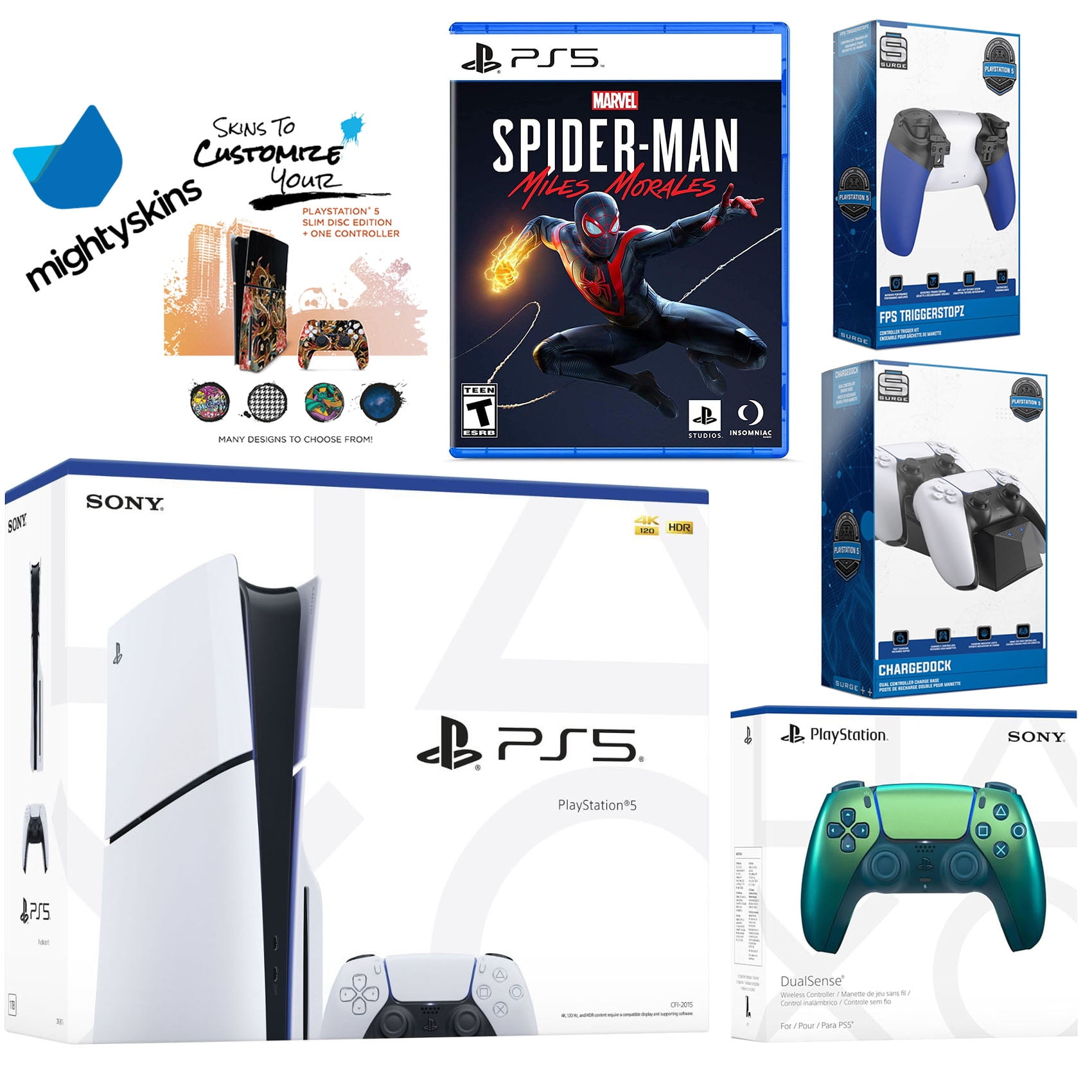 Sony Playstation 5 Slim Disc Bundle with Spider-Man: Miles Morales, Extra Chroma Teal Controller ...