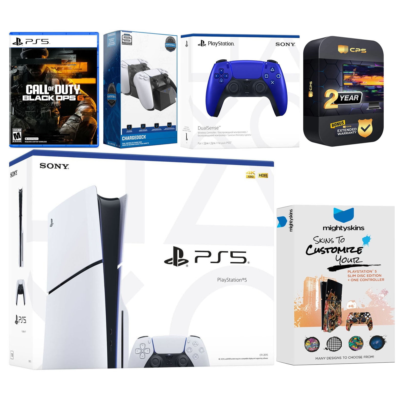 Sony Playstation 5 Slim Disc with Call of Duty Black Ops 6, Extra Cobalt Blue Controller, Charge ...