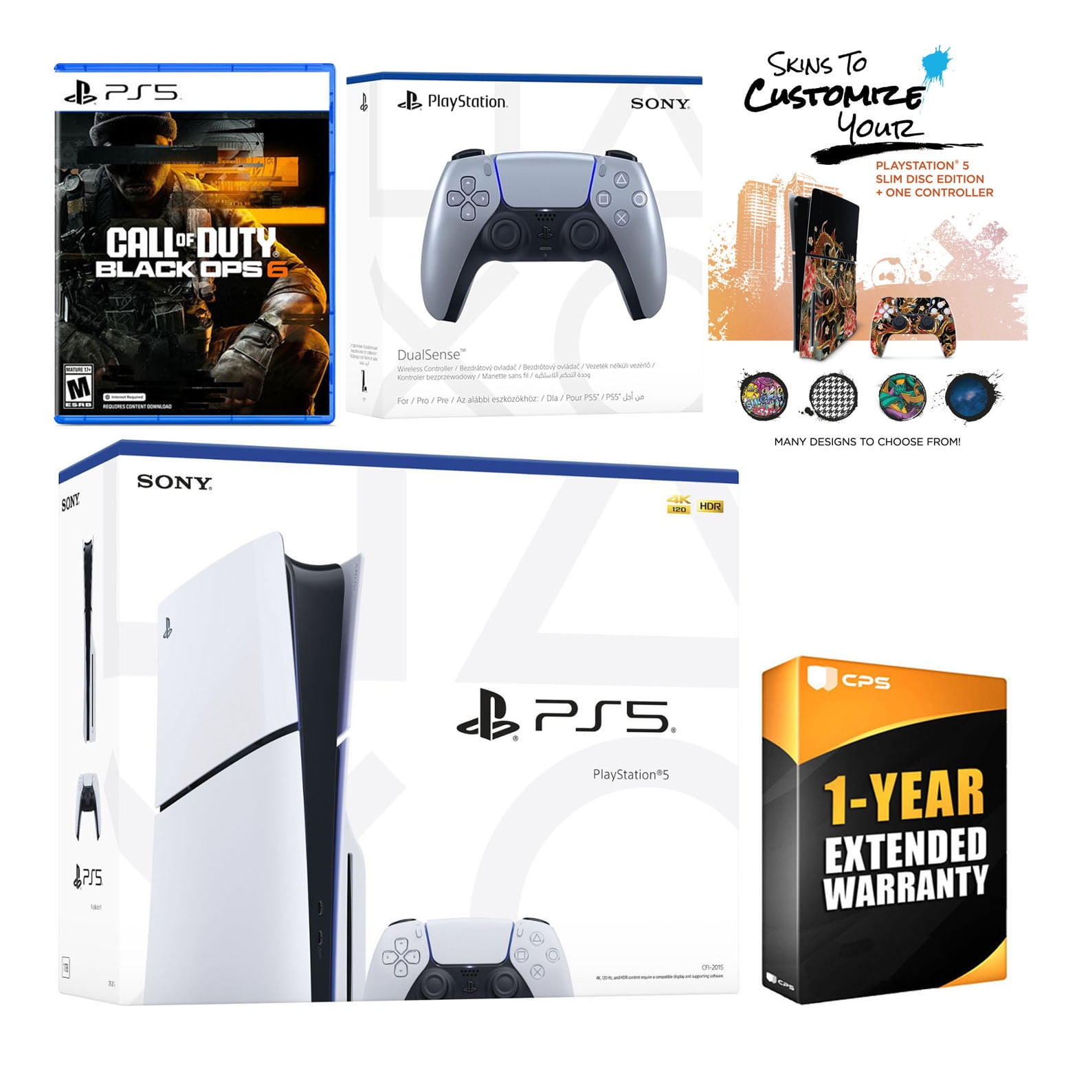 Sony Playstation 5 Slim Disc with Call of Duty Black Ops 6, Extra Sterling Silver Controller and ...