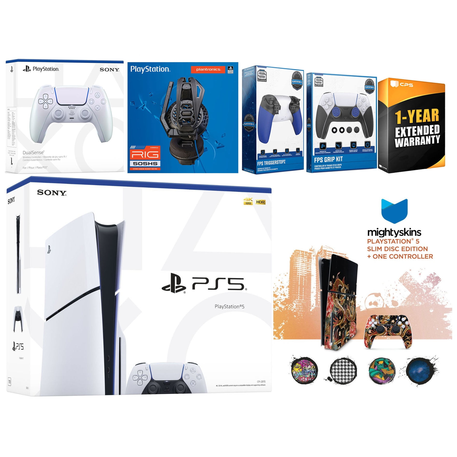 Sony Playstation 5 Slim Disc with Extra Chroma Pearl Controller, Plantronics Headset, Trigger ...