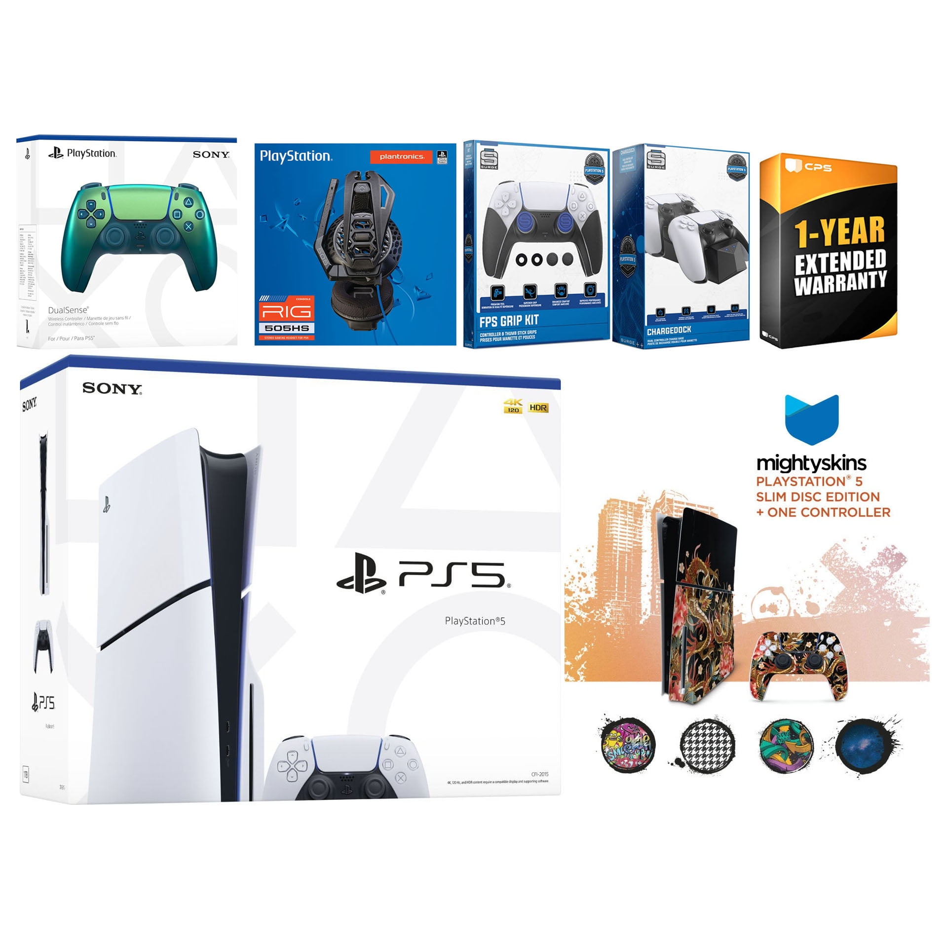 Sony Playstation 5 Slim Disc with Extra Chroma Teal Controller, Plantronics Headset, FPS Grip ...