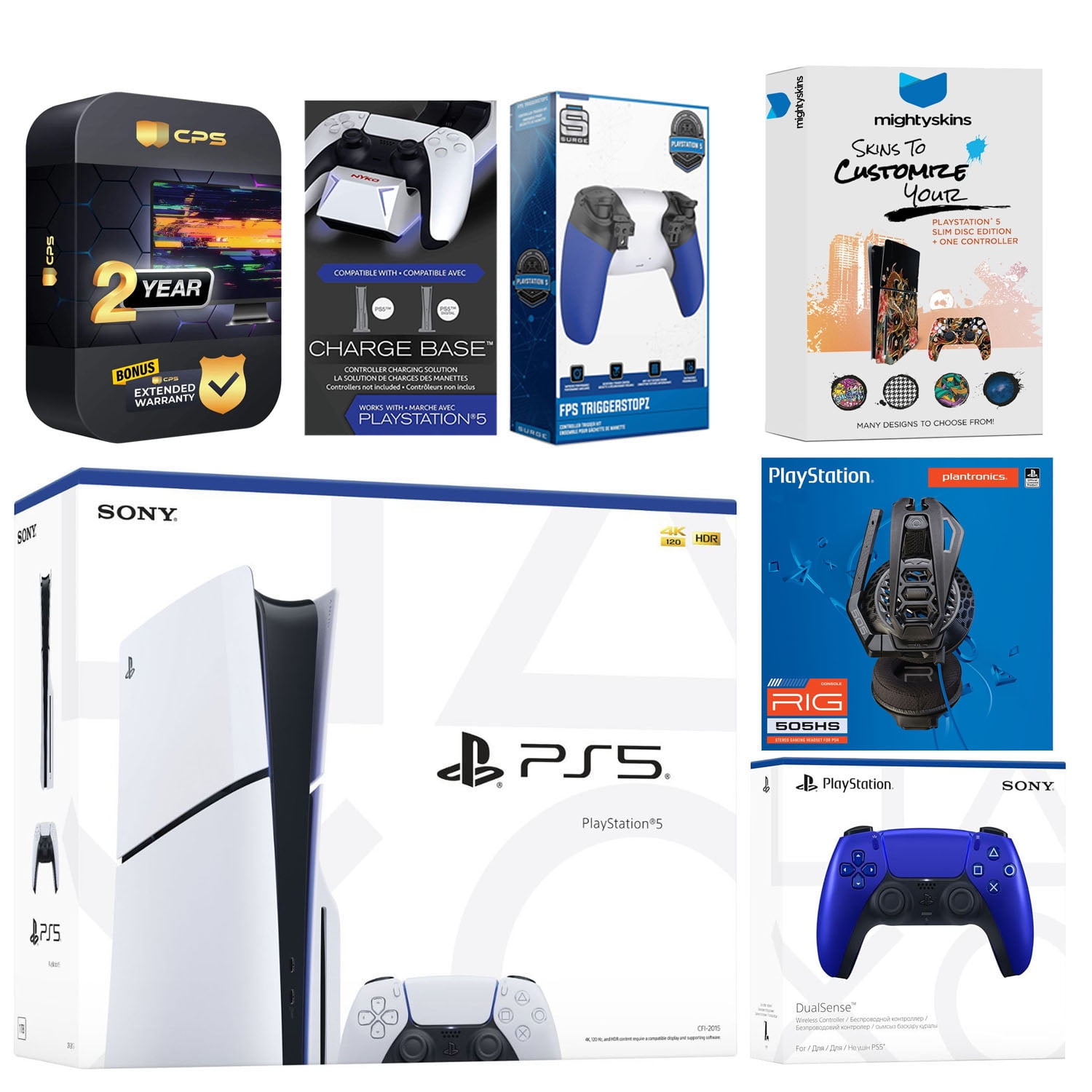 Sony Playstation 5 Slim Disc Bundle with Extra Cobalt Blue Controller, Plantronics Headset ...